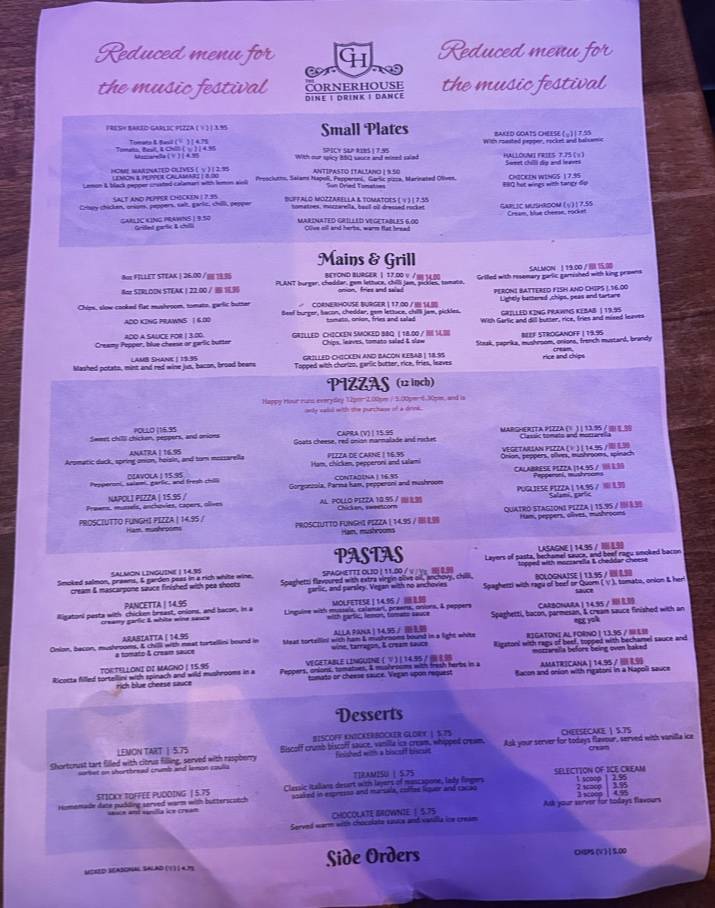 Menu at The Cornerhouse restaurant, Lancaster