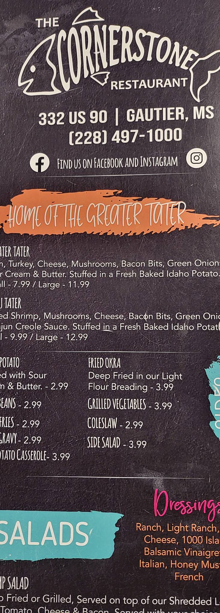 Menu at The Cornerstone Restaurant, Gautier, 332 US-90