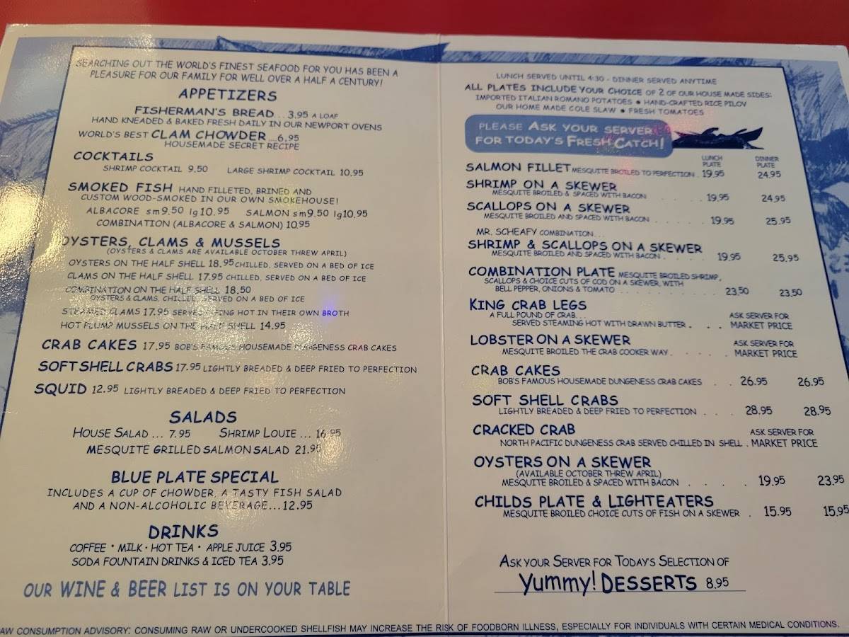 Menu at The Crab Cooker restaurant, Newport Beach, Newport Blvd