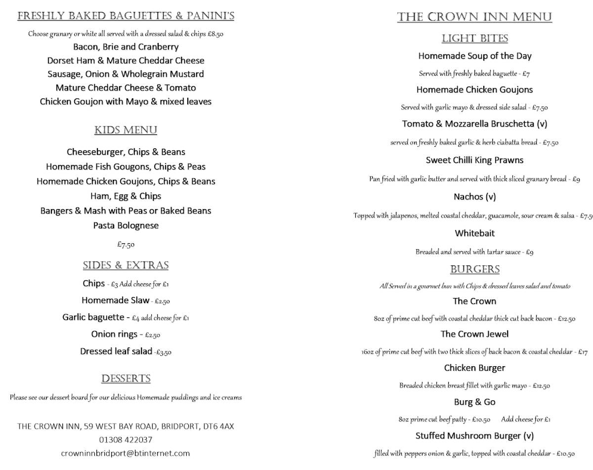 Menu at The Crown Inn pub & bar, Bridport