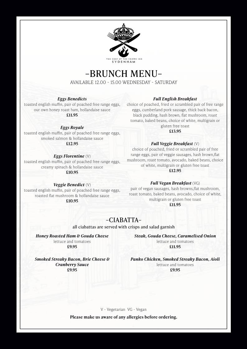 Menu at The Crown Inn at Sydenham pub & bar, Sydenham
