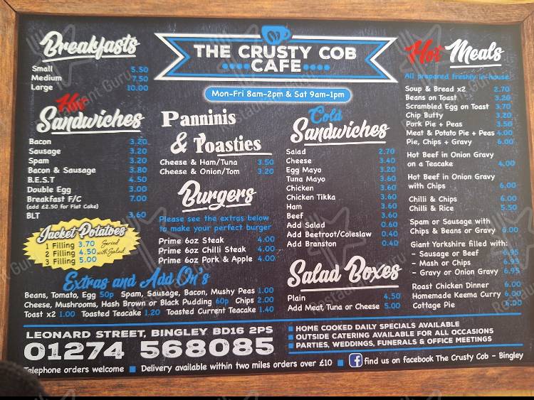 Carta de The Crusty Cob Cafe, Bingley