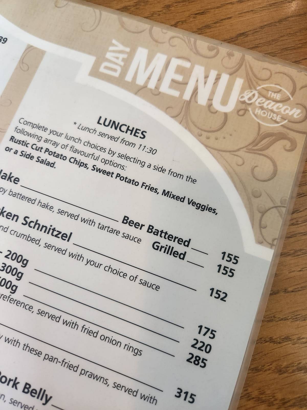 Menu at The Deacon House restaurant, George