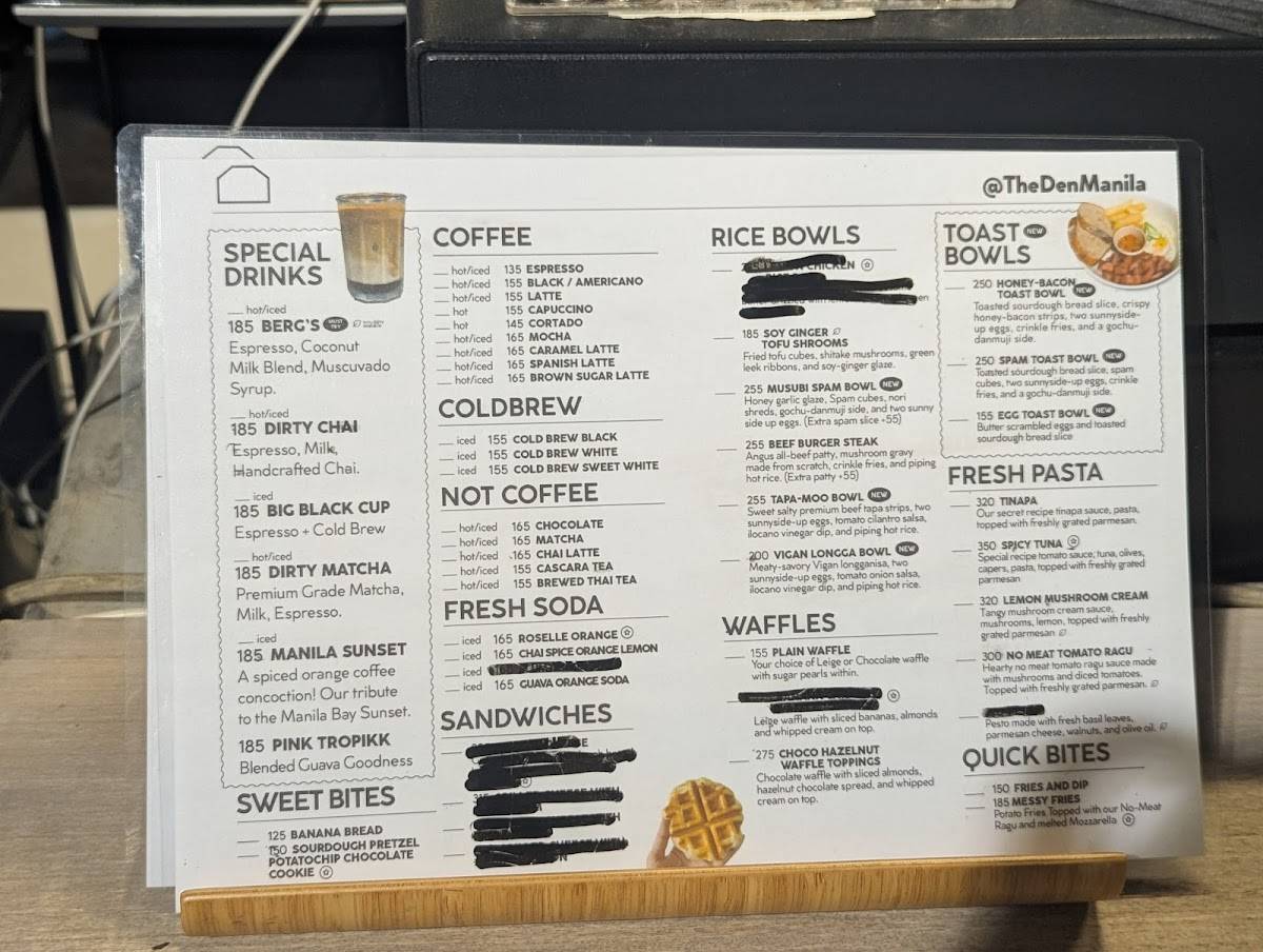 Menu at The Den cafe, Manila