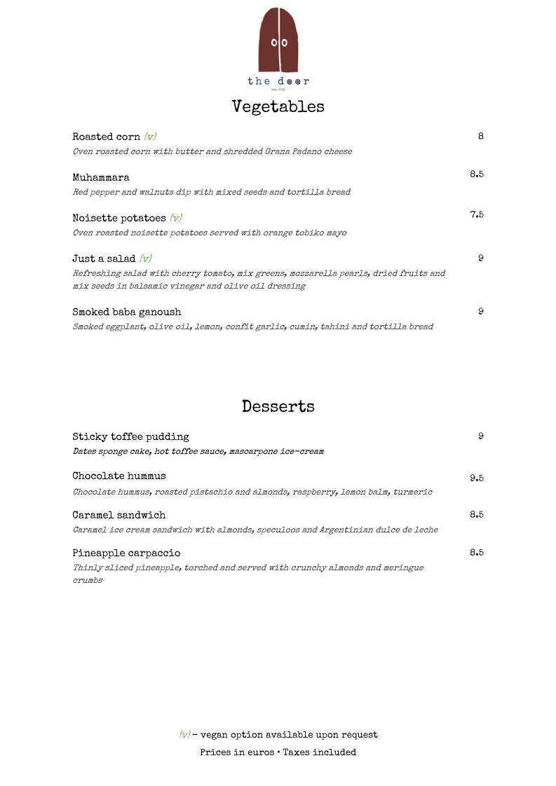 Menu at The Door restaurant, Porto