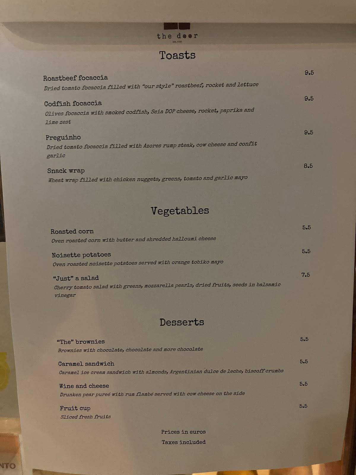 Menu at The Door restaurant, Porto