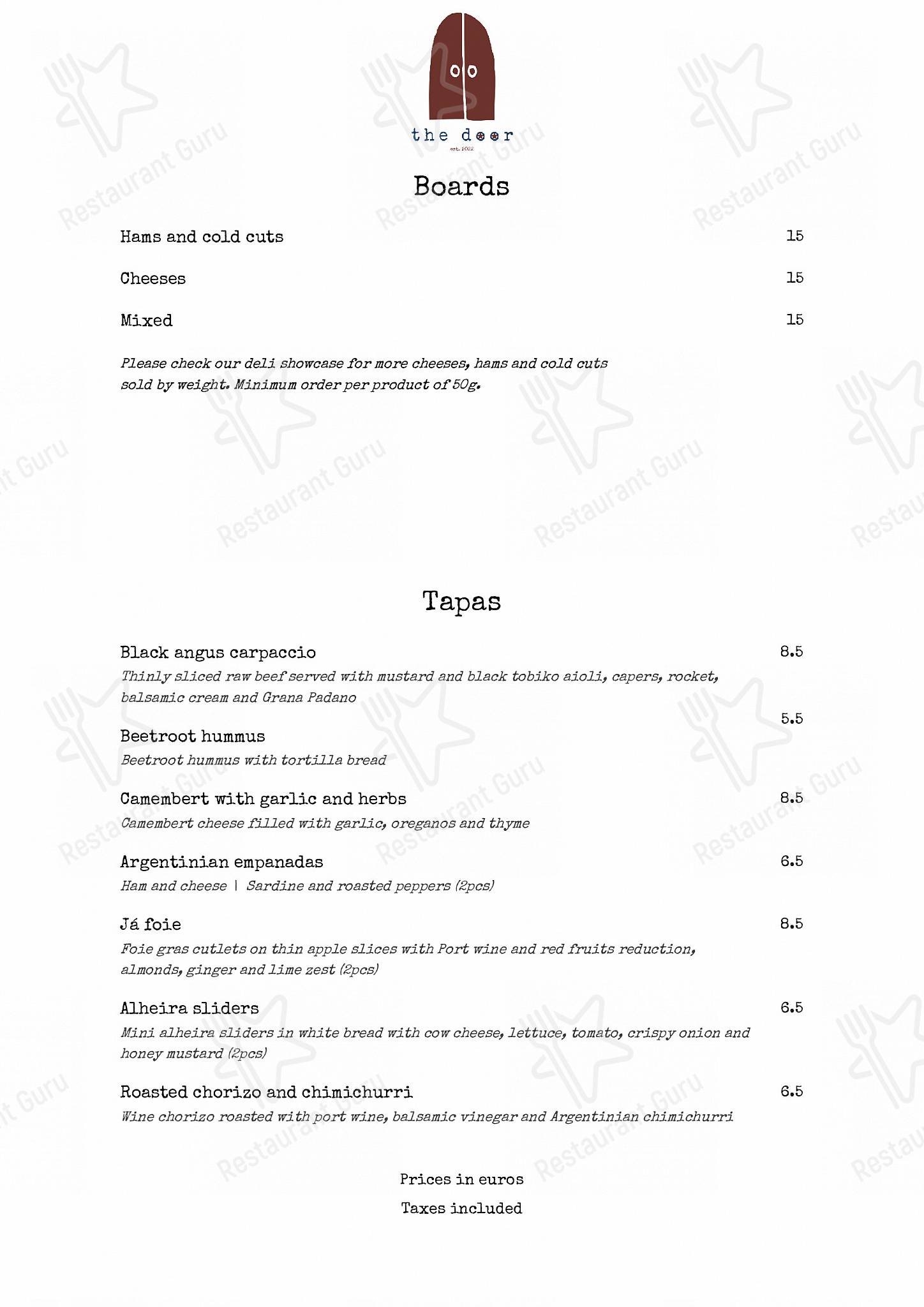 Menu at The Door restaurant, Porto