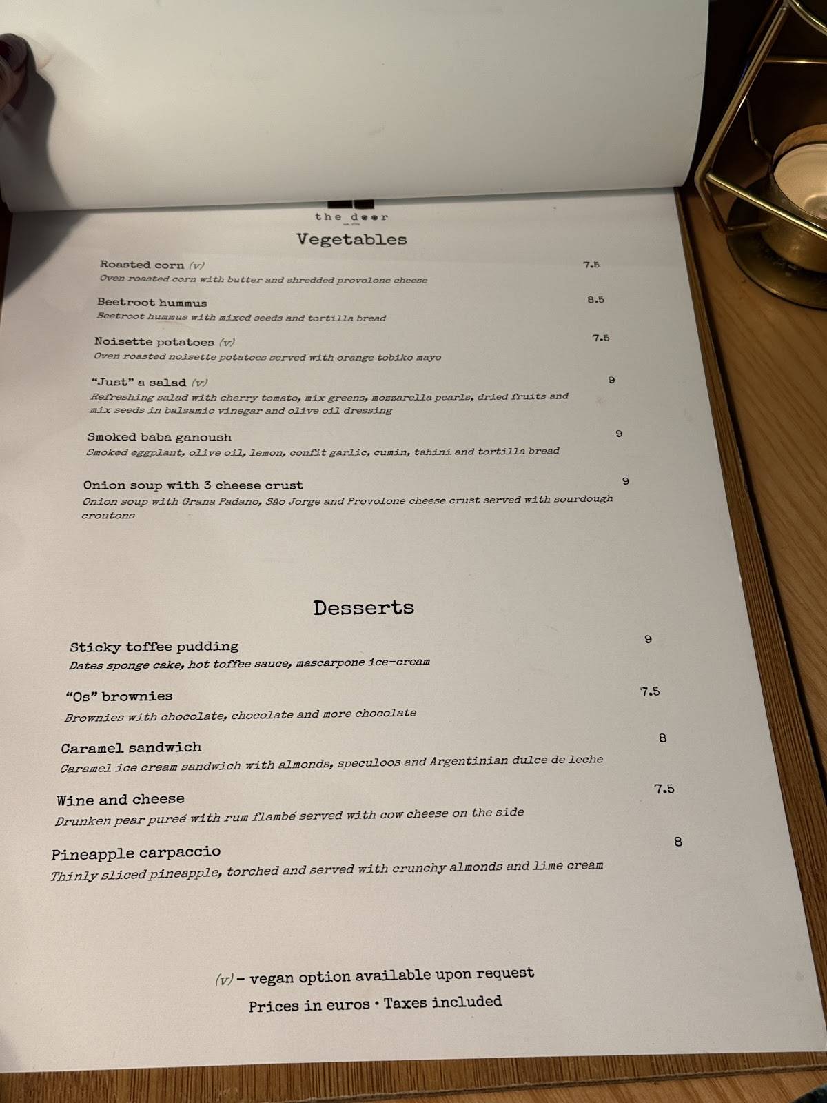 Menu at The Door restaurant, Porto