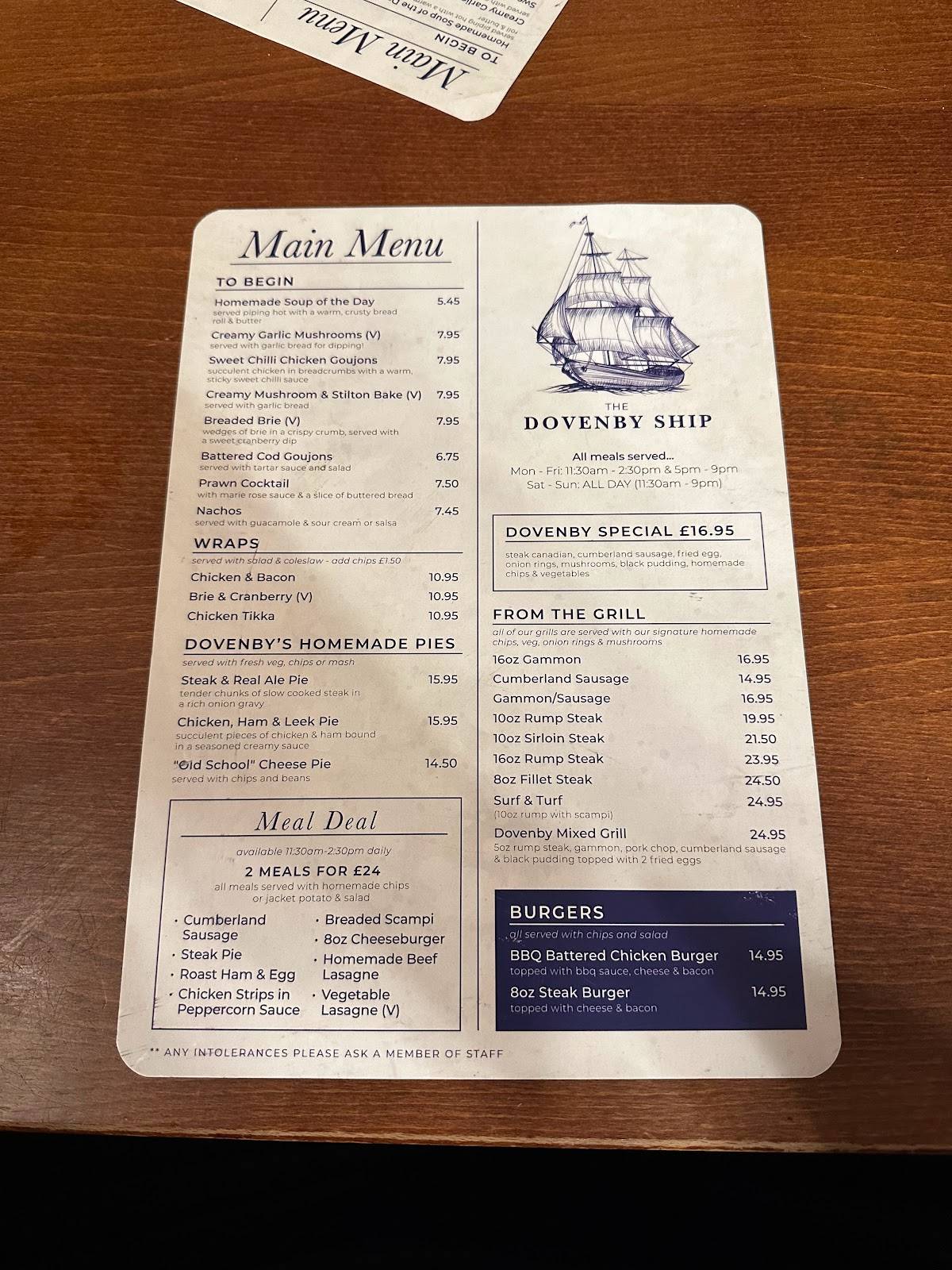 Menu at The Dovenby Ship restaurant, Cockermouth, Dovenby