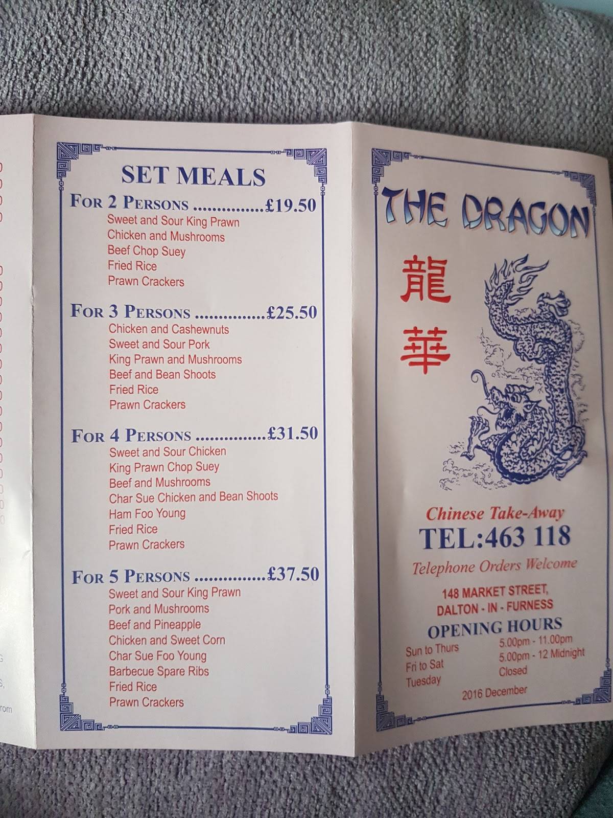 Menu at The Dragon fast food, Dalton-in-Furness