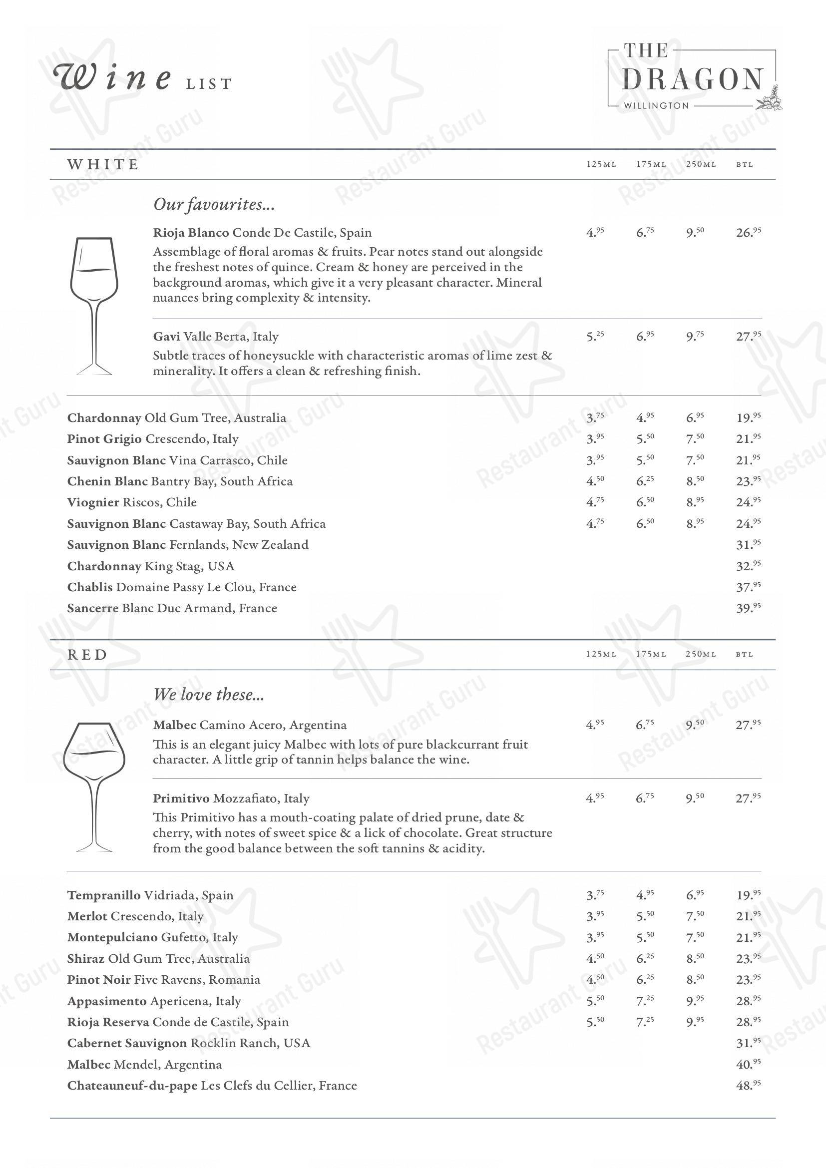 Menu at The Dragon pub & bar, Willington, 11 The Grn