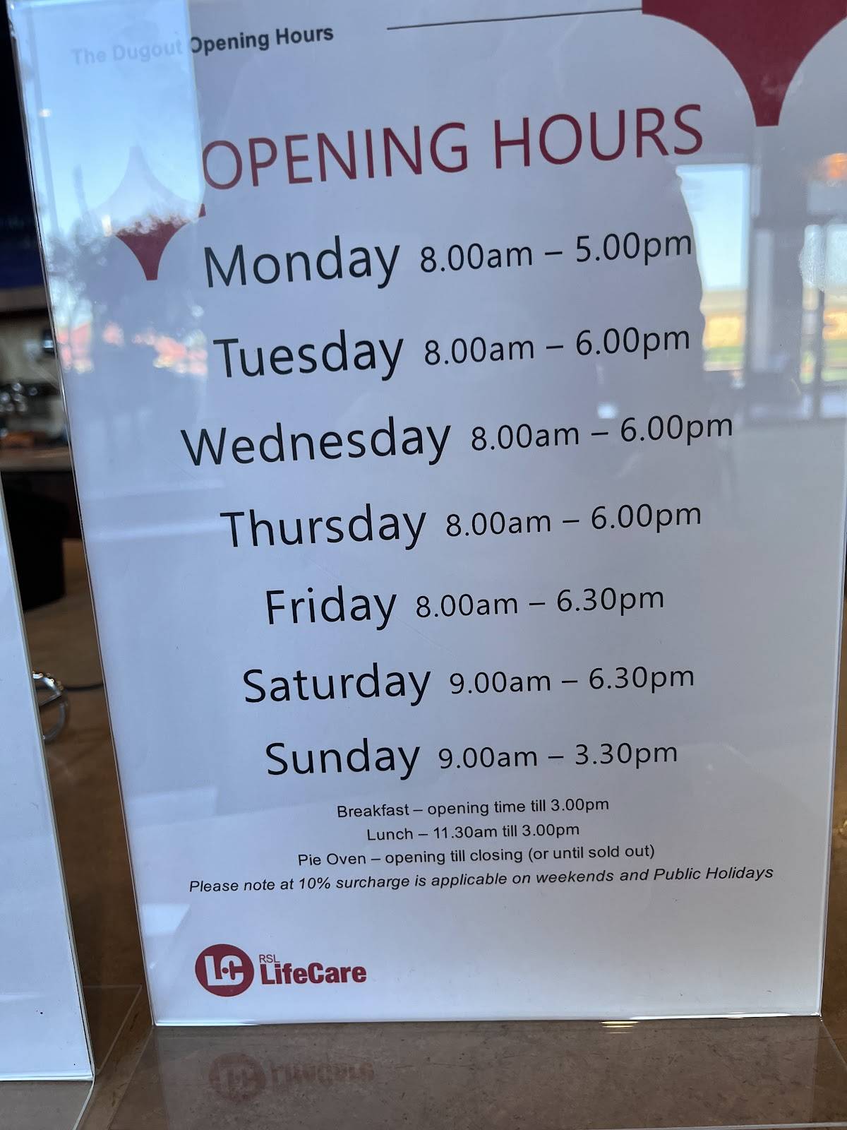 Menu at The Dugout Cafe, Gallipoli Building, Narrabeen