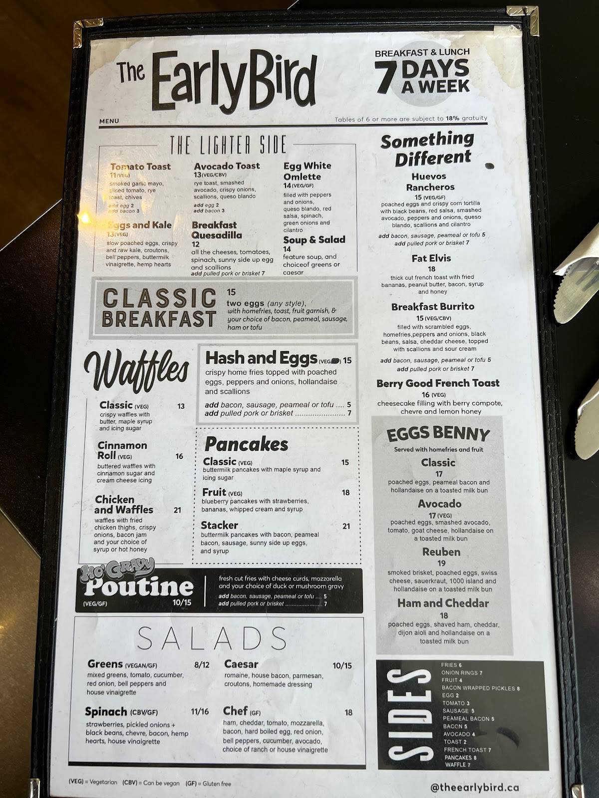 Menu at The Early Bird restaurant, London