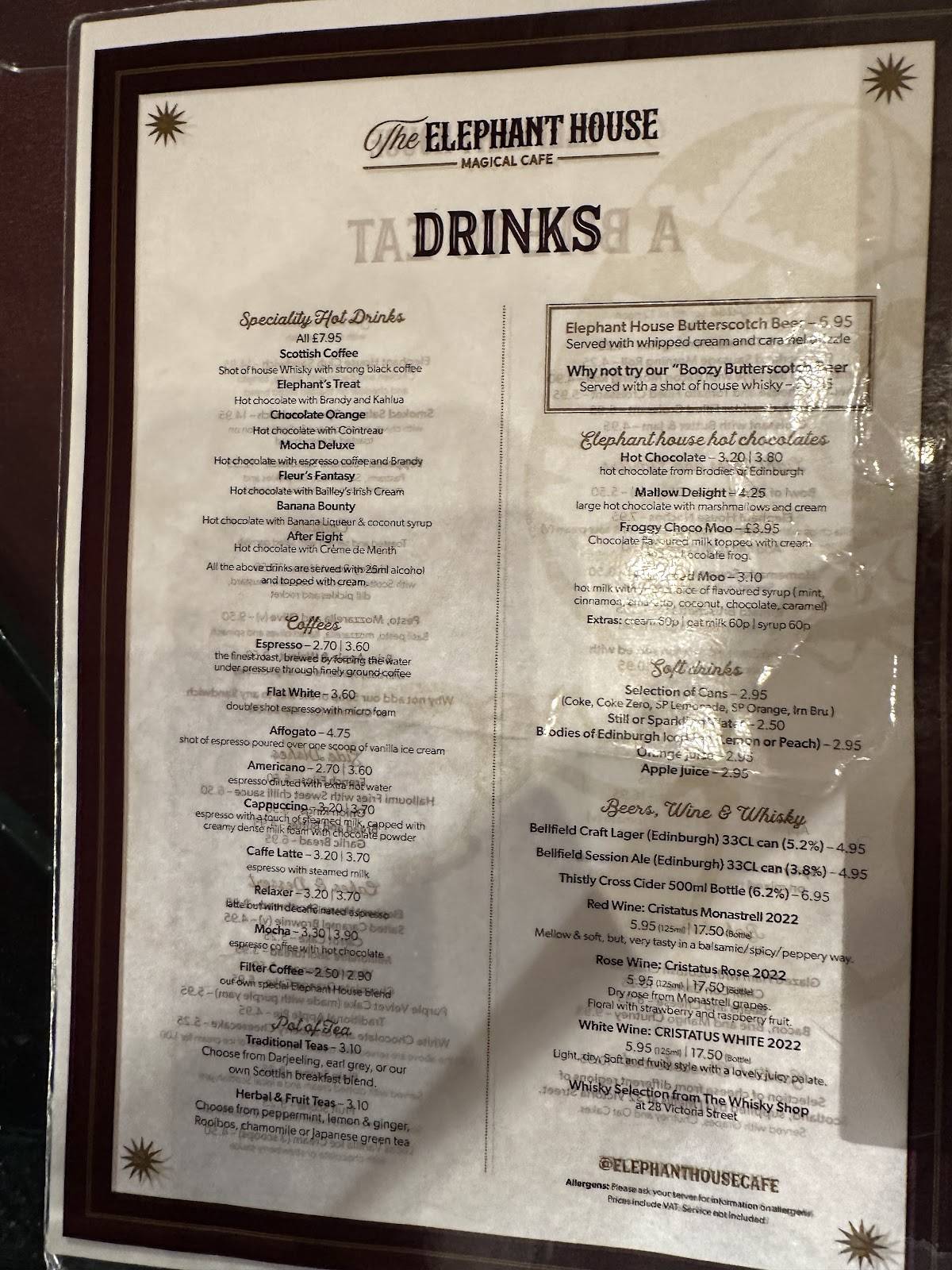 Menu at The Elephant House cafe, Edinburgh