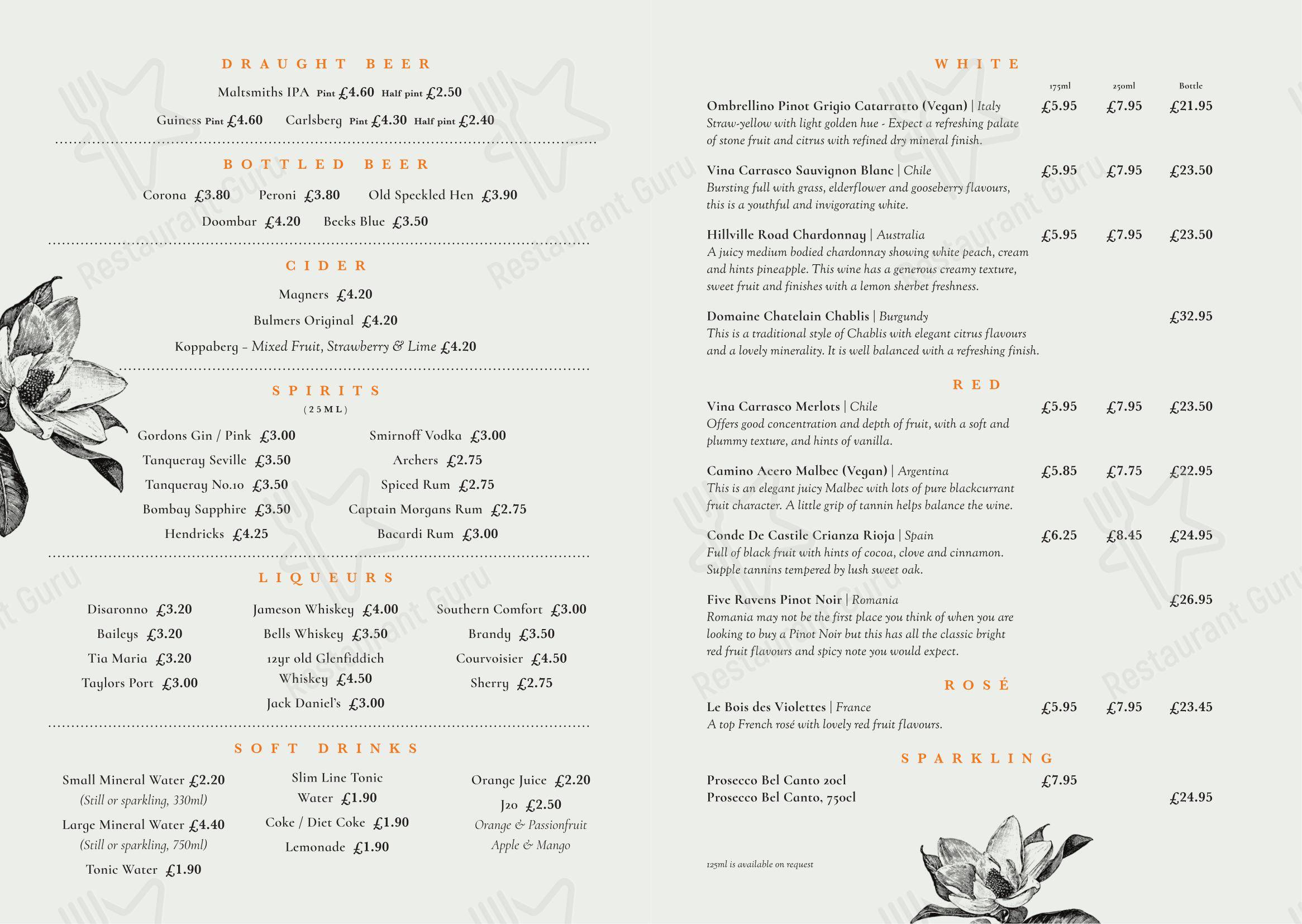 Menu at The Elizabeth House Hotel restaurant, Southampton