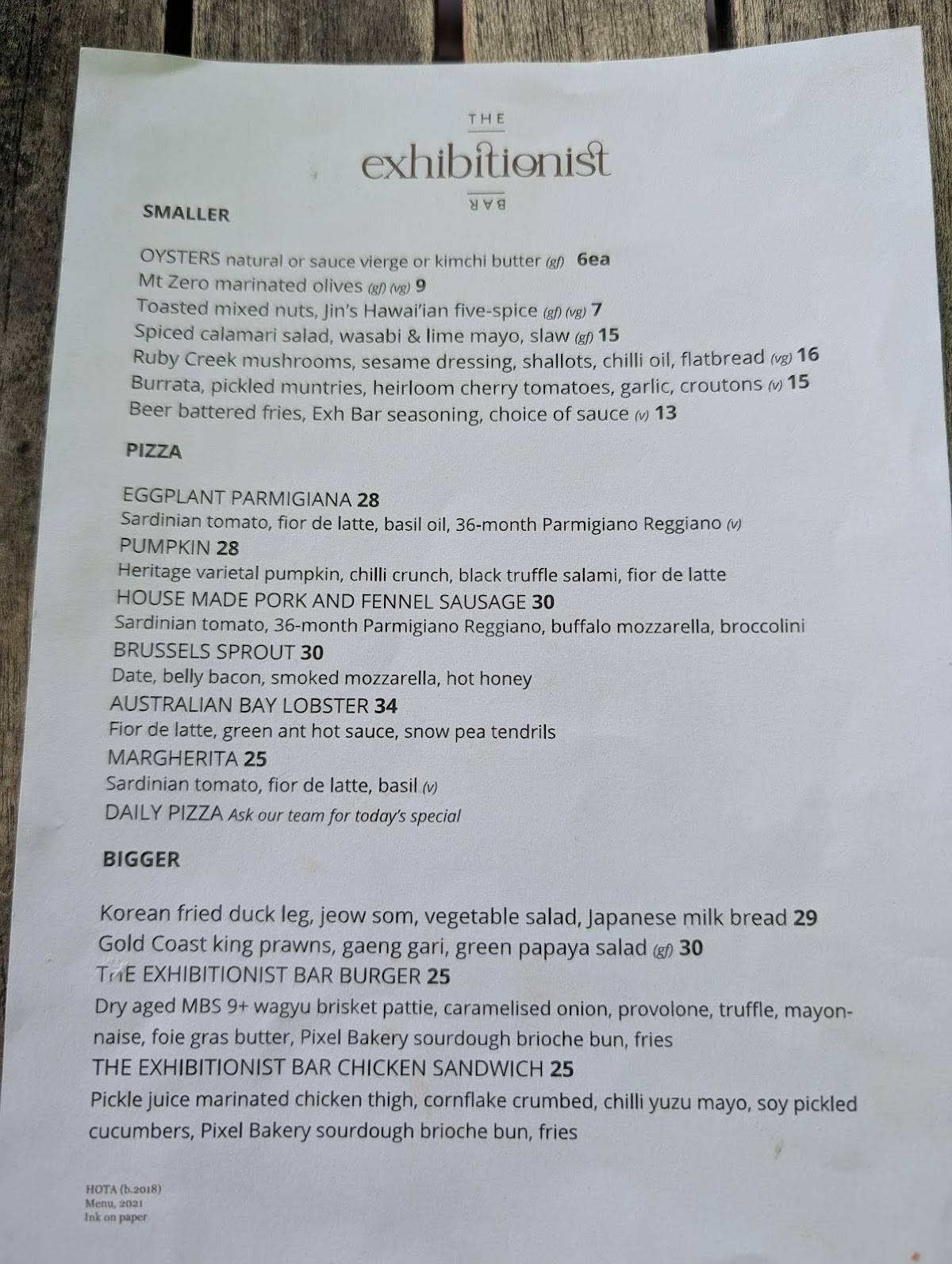 Menu at The Exhibitionist Bar, Surfers Paradise
