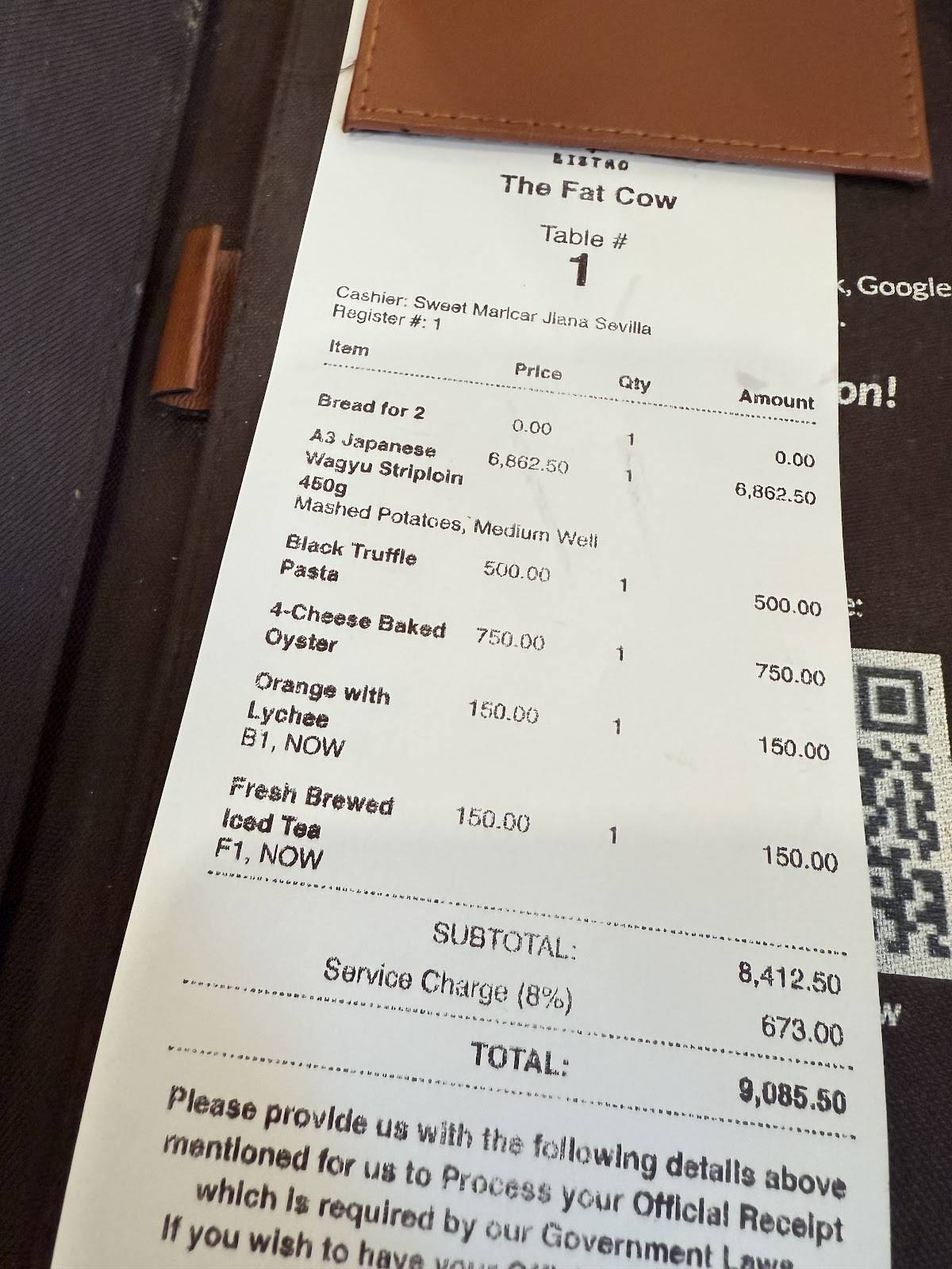 Menu at The Fat Cow restaurant, Davao City