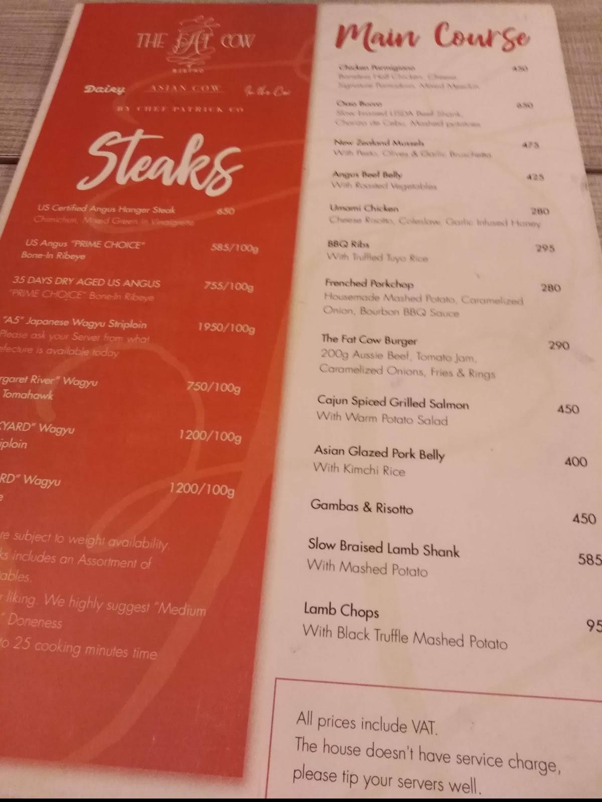 Menu at The Fat Cow restaurant, Davao City