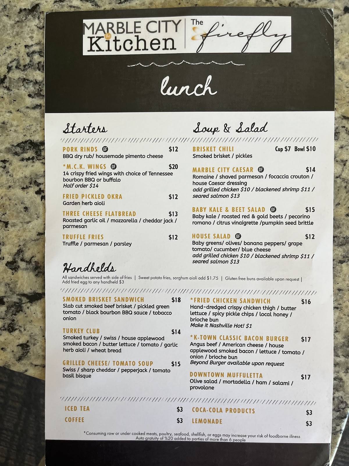 Menu at The Firefly/ Marble City Kitchen pub & bar, Knoxville