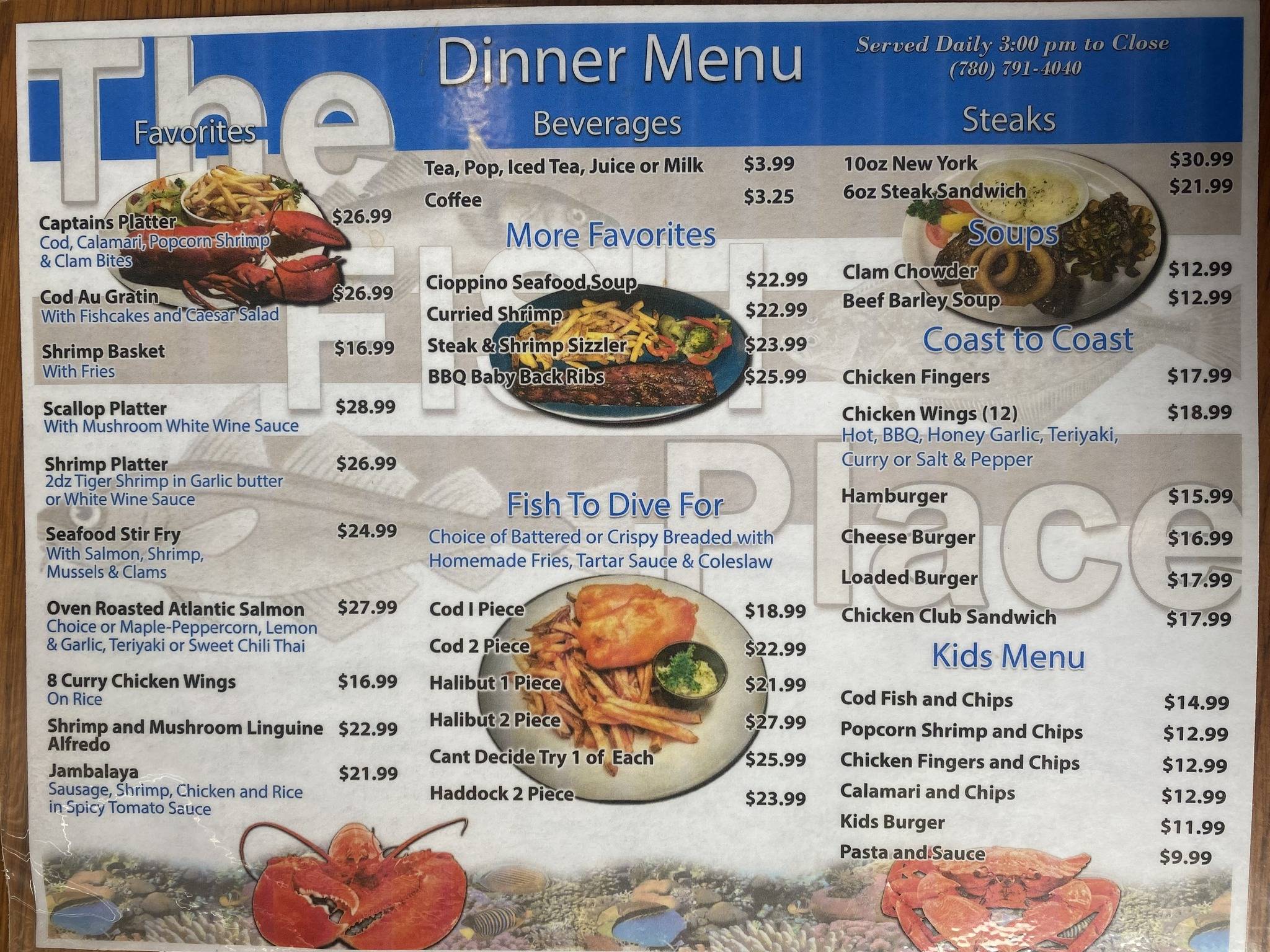Menu at The Fish Place restaurant, Fort McMurray