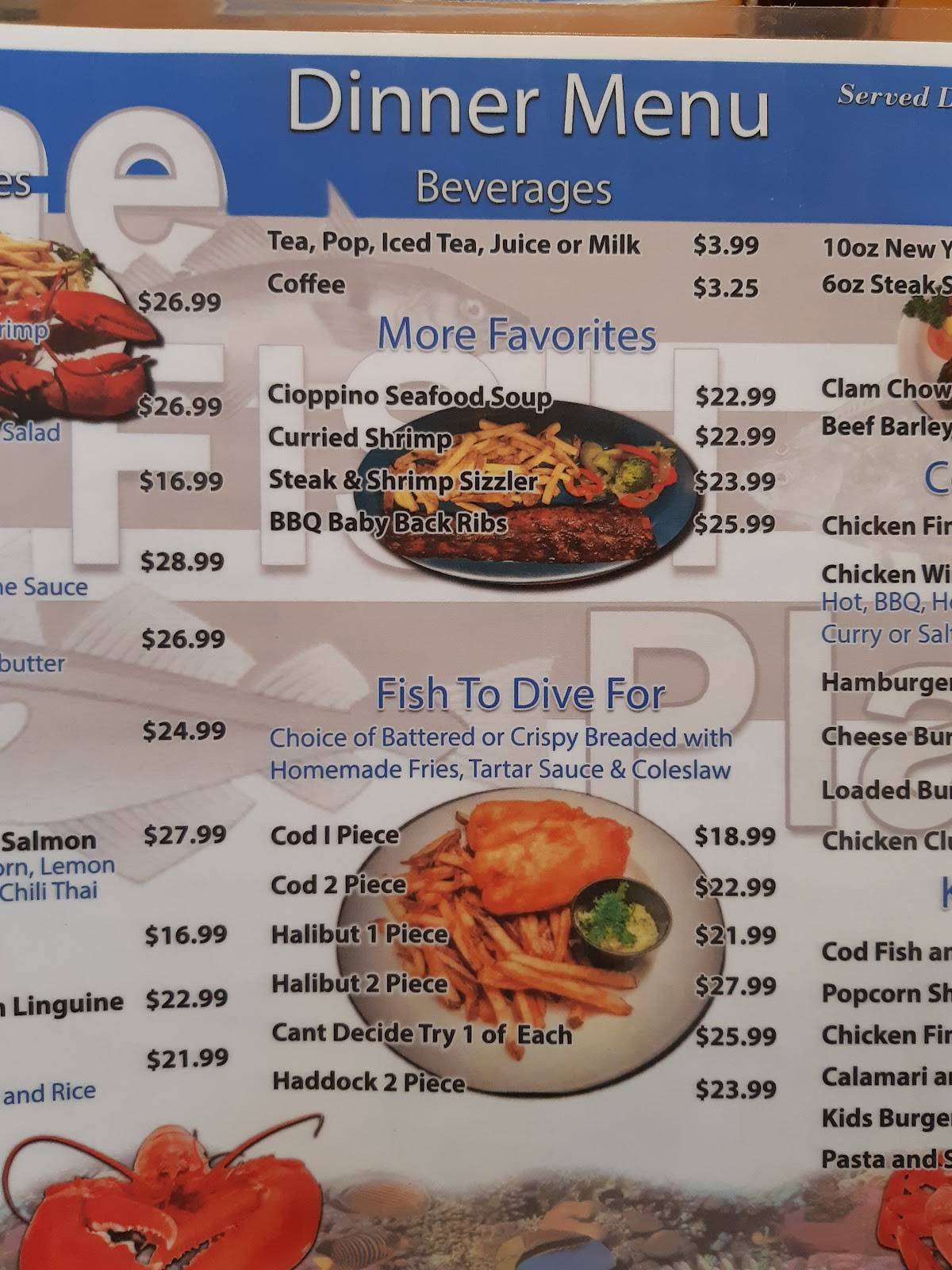 Menu at The Fish Place restaurant, Fort McMurray