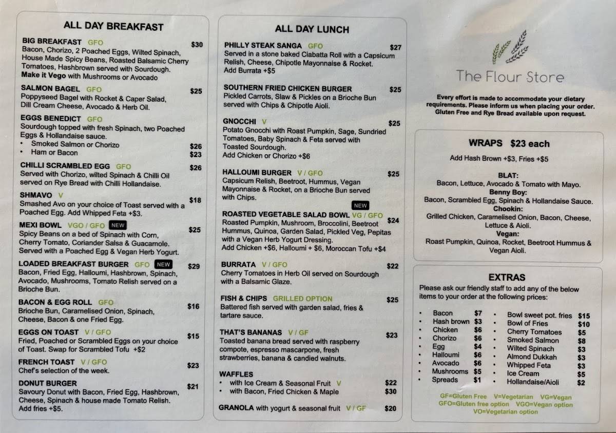 Menu at The Flour Store cafe, Port Noarlunga