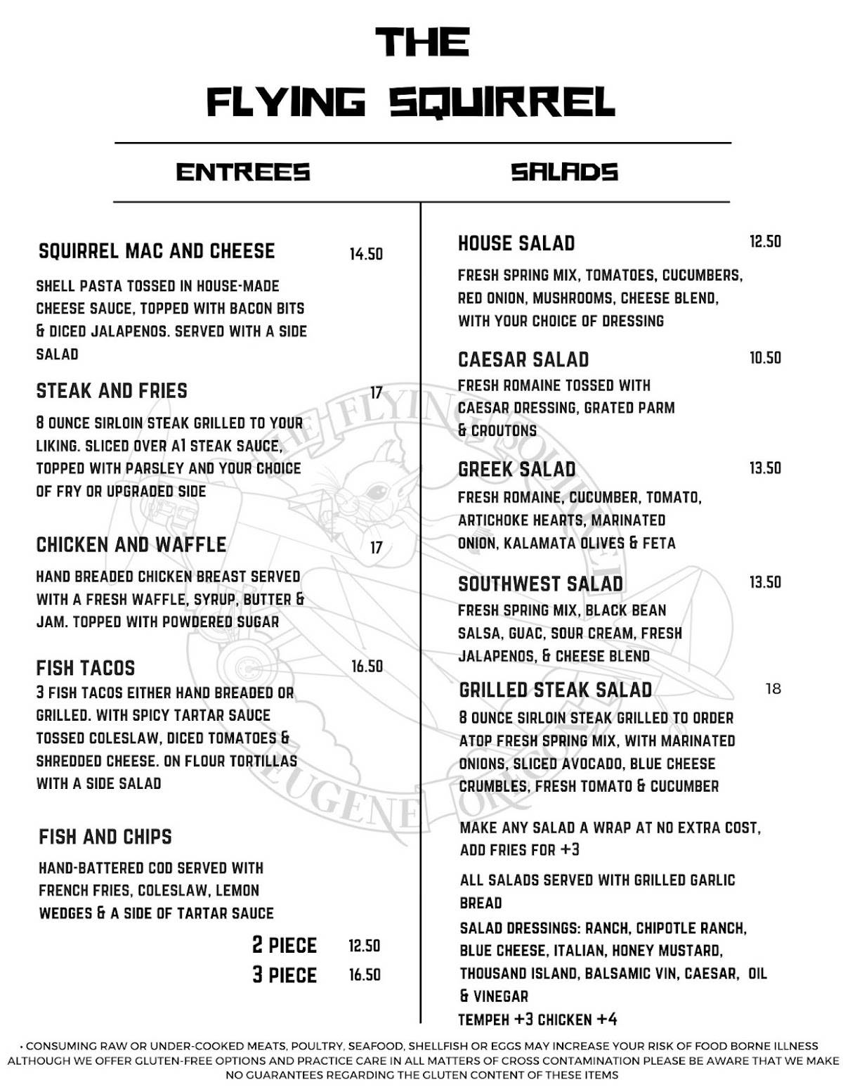 Menu at The Flying Squirrel Tavern pub & bar, Eugene