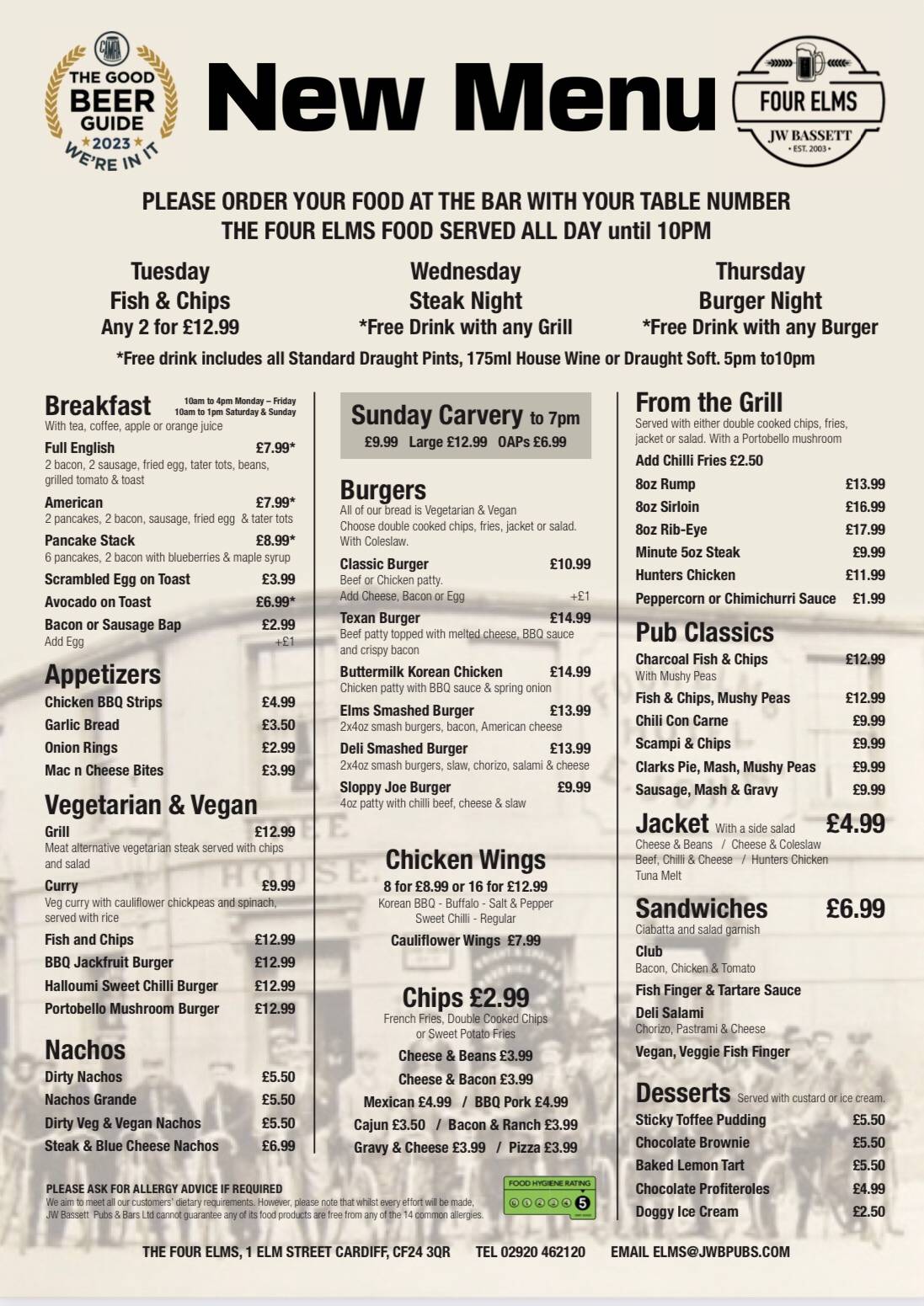 Menu at The Four Elms - JW Bassett Pub, Cardiff