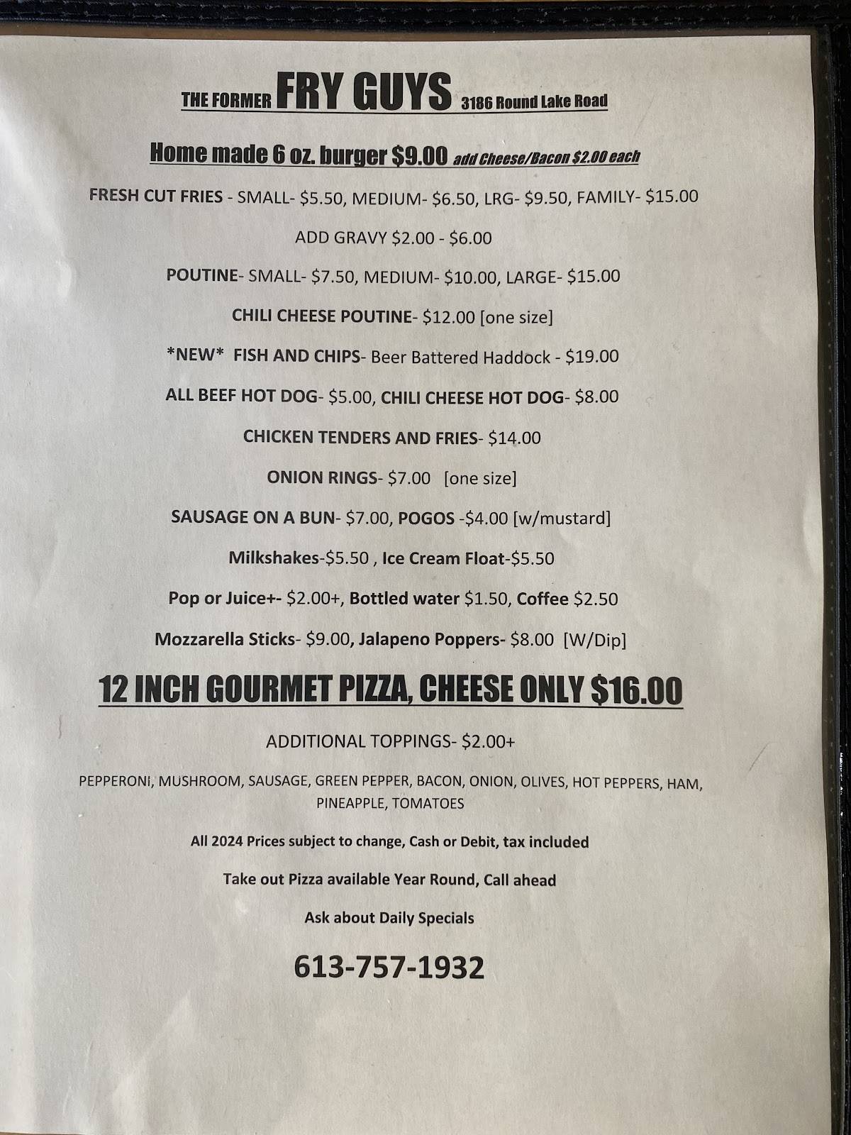 Menu at The Fry Guys restaurant, Canada, Round Lake Rd