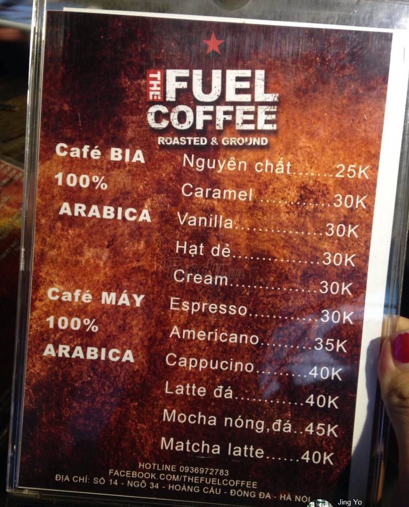 Menu at The Fuel Coffee cafe, Hanoi