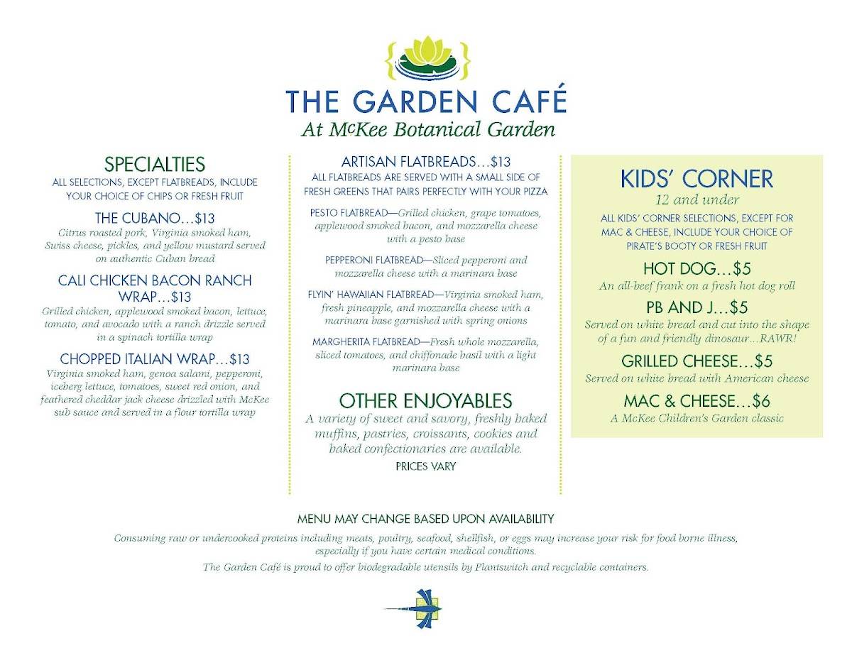 Menu at The Garden Cafe at McKee Botanical Garden, Vero Beach