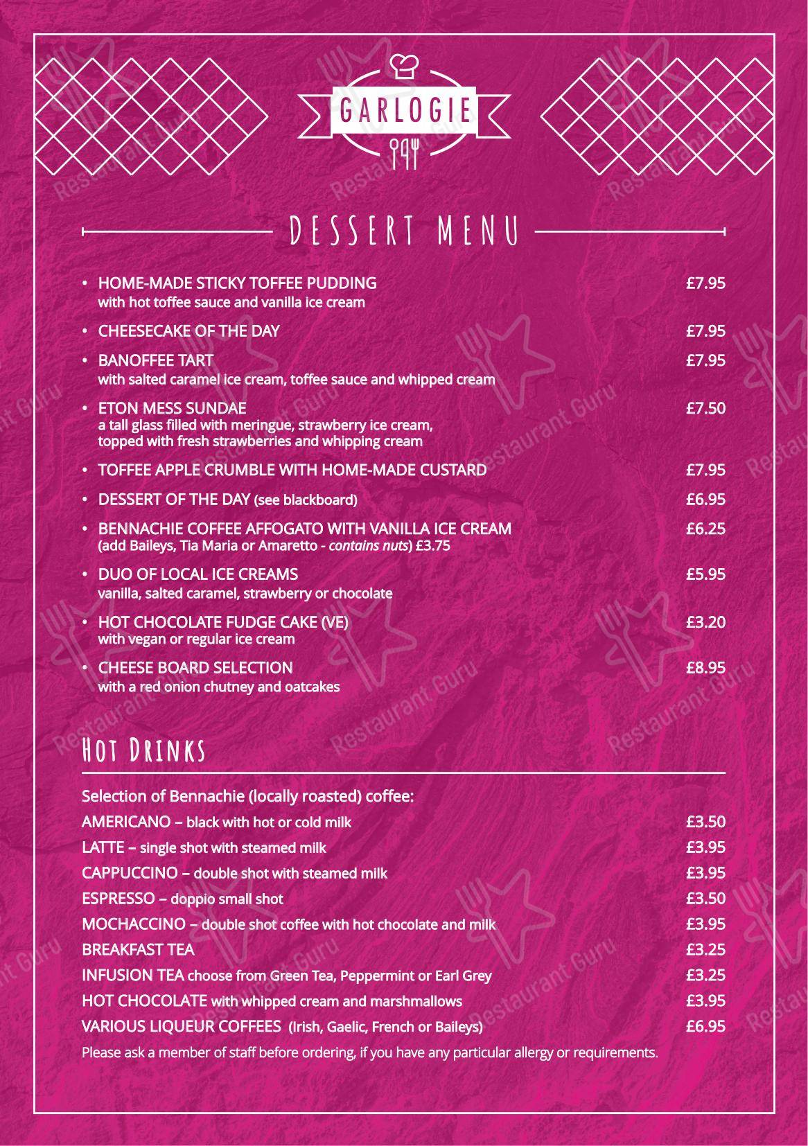 Menu at The Garlogie Inn pub & bar, Garlogie