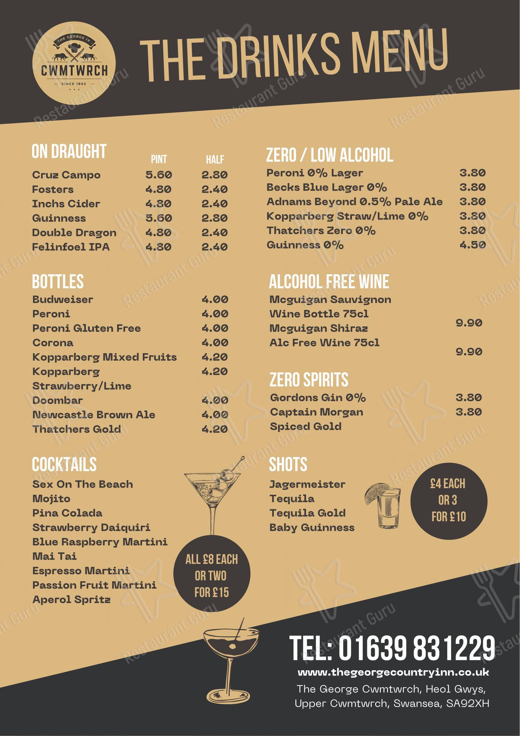 Menu at The George IV Inn restaurant, Ystalyfera, Heol Gwys