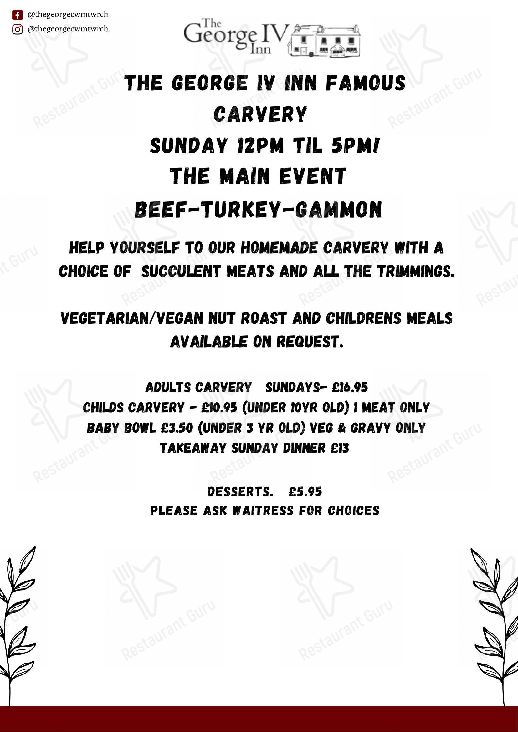Menu at The George IV Inn restaurant, Ystalyfera, Heol Gwys