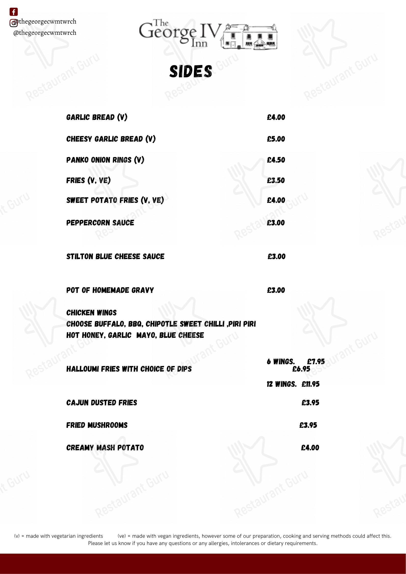 Menu at The George IV Inn restaurant, Ystalyfera, Heol Gwys