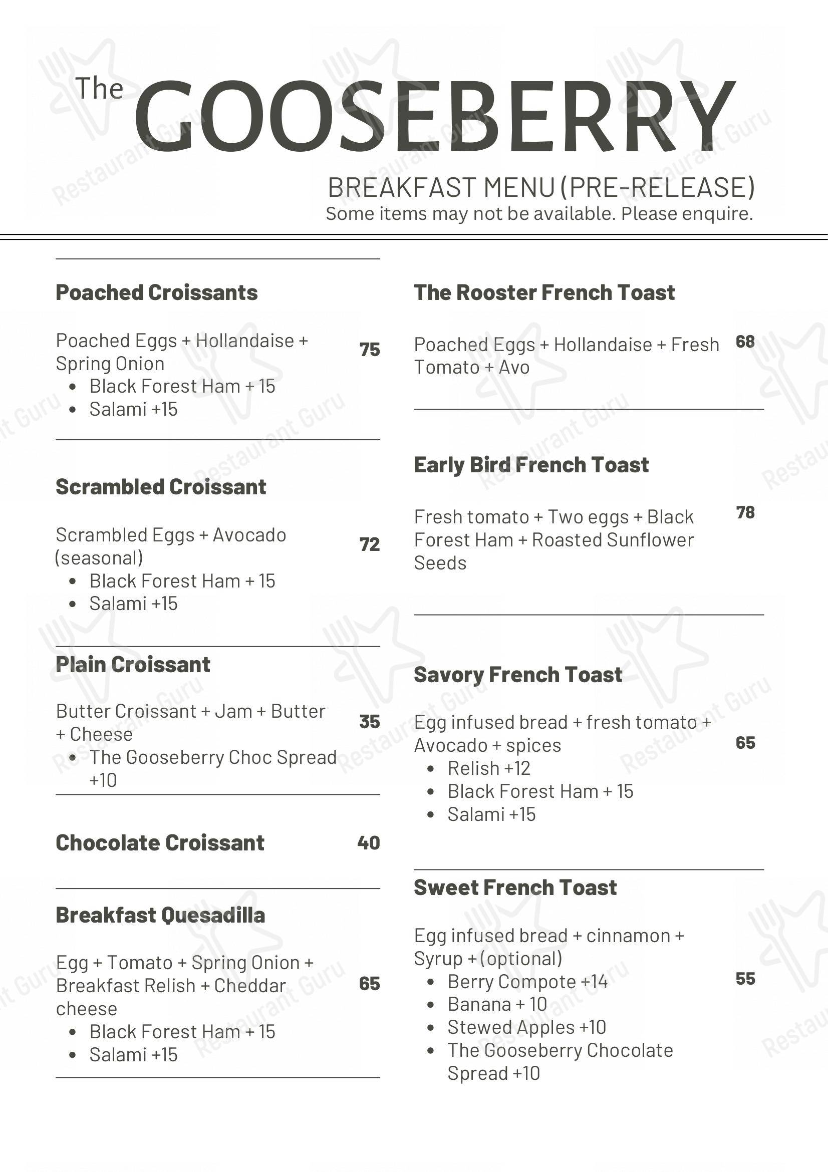 Menu au The Gooseberry Coffee Studio café, Johannesburg