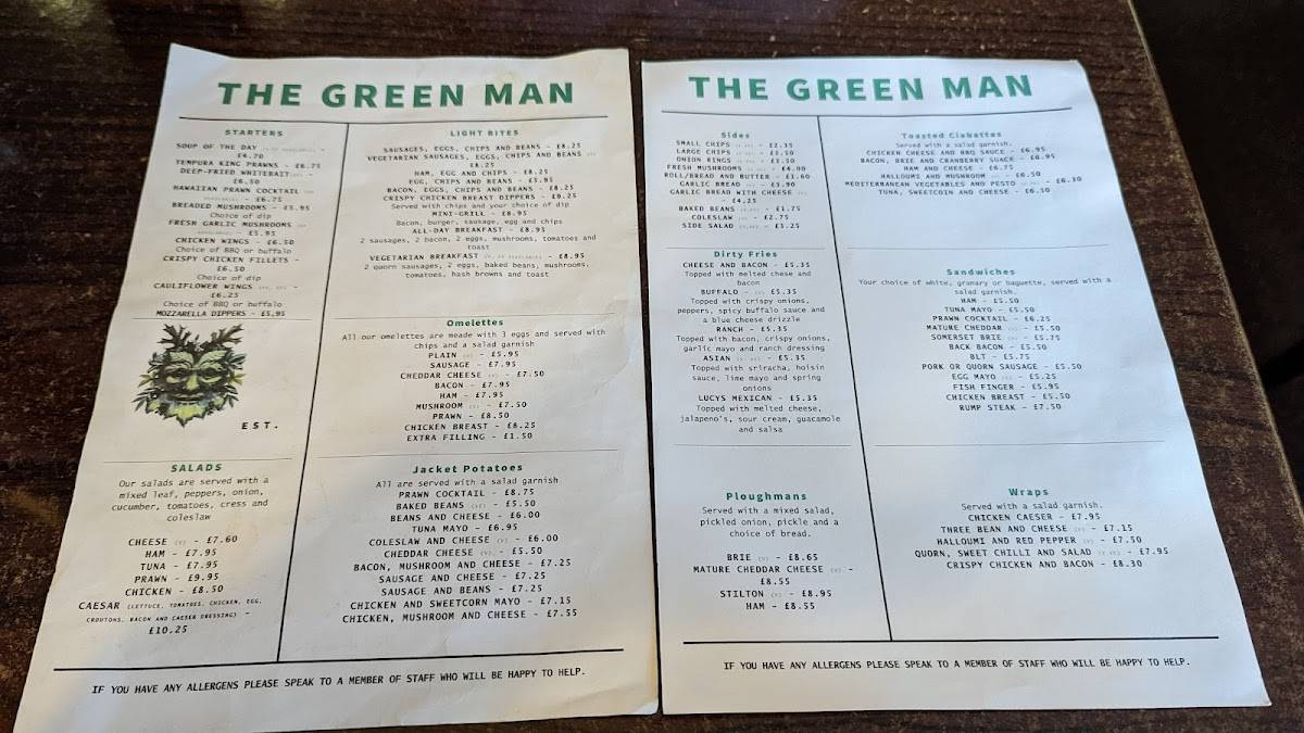 Menu at The Green Man pub & bar, Melbourn, Dunsbridge Turnpike
