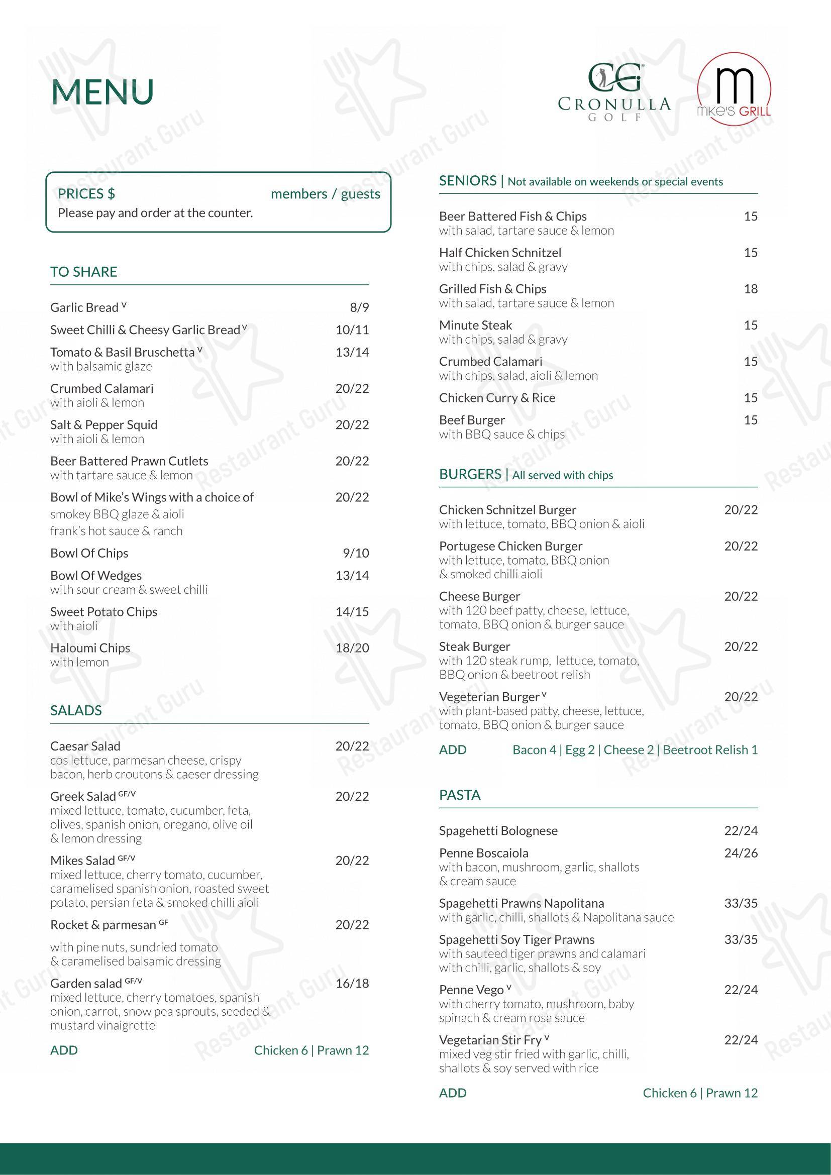 Menu at Mike's Grill @ Cronulla Golf restaurant, Cronulla