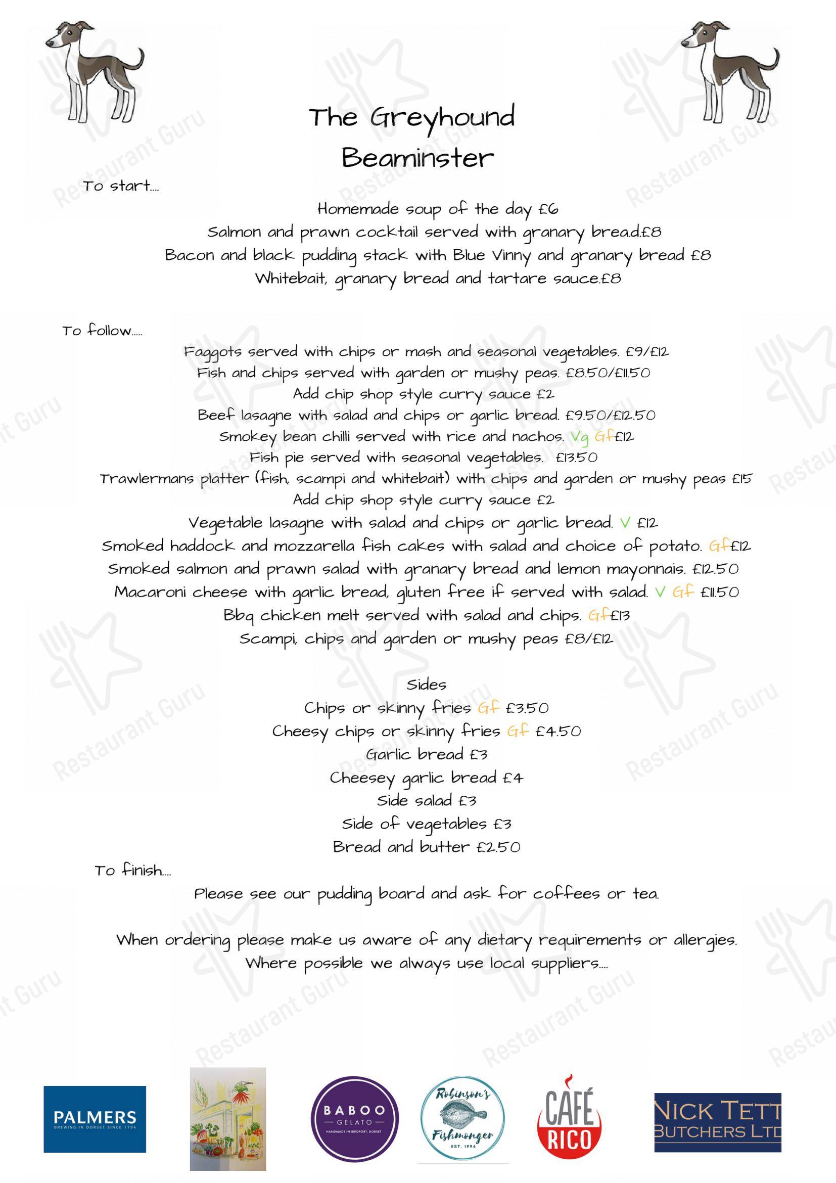 Menu at The Greyhound Inn pub & bar, Beaminster