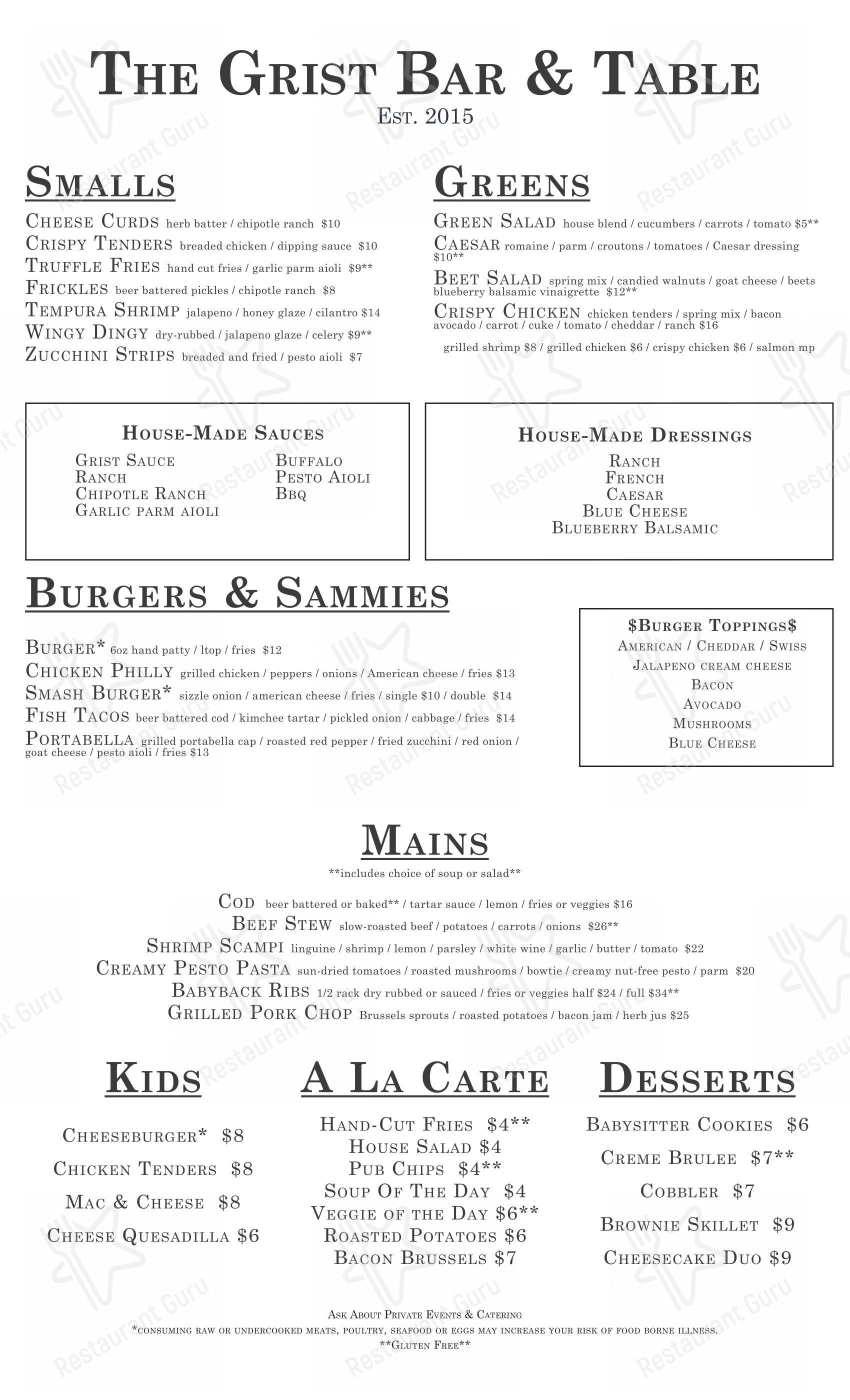 Menu at The Grist Bar and Table, Lake Mills