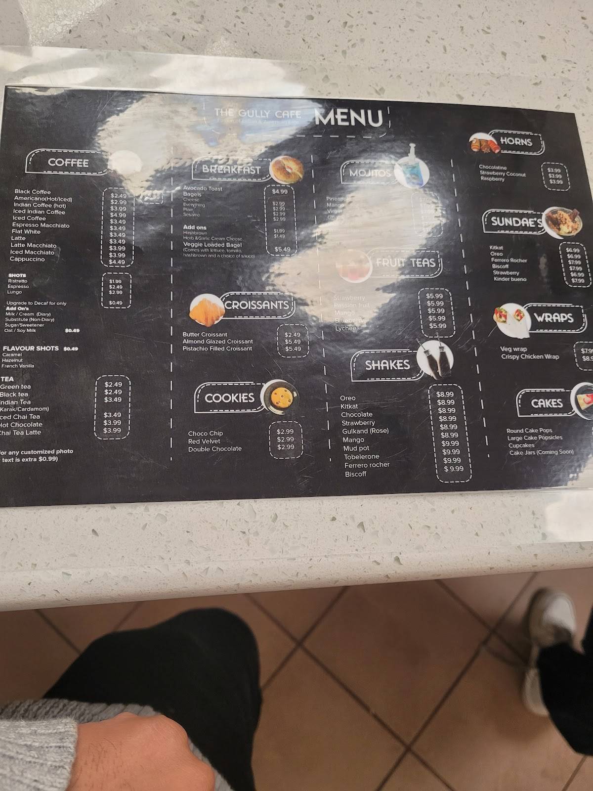Menu at The Gully Cafe, Hamilton