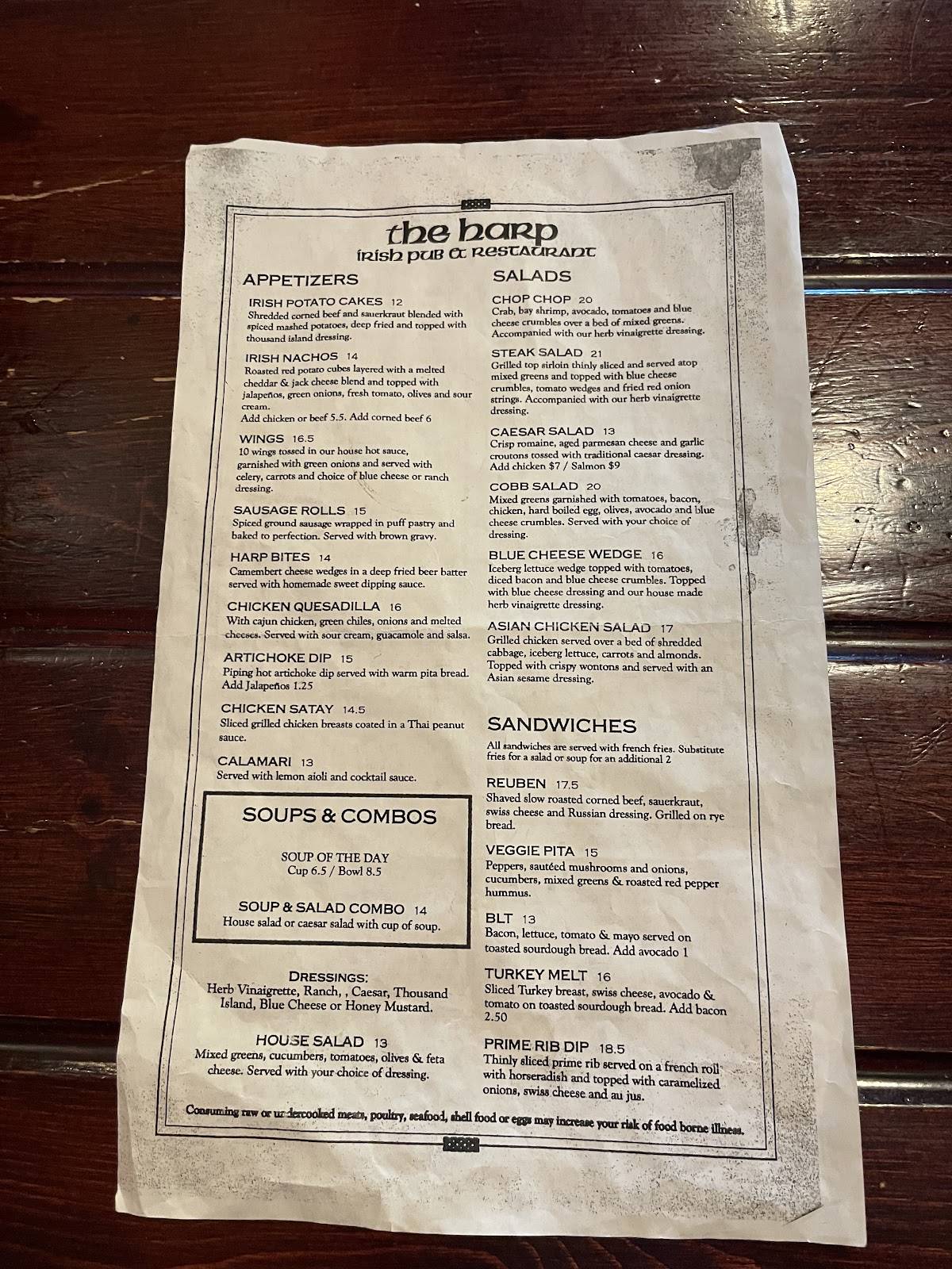 Menu at The Harp Bar and Restaurant, Kent