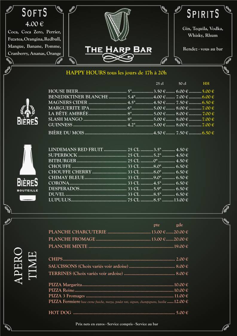 Menu at The Harp Bar, Paris, 118 Bd de Clichy