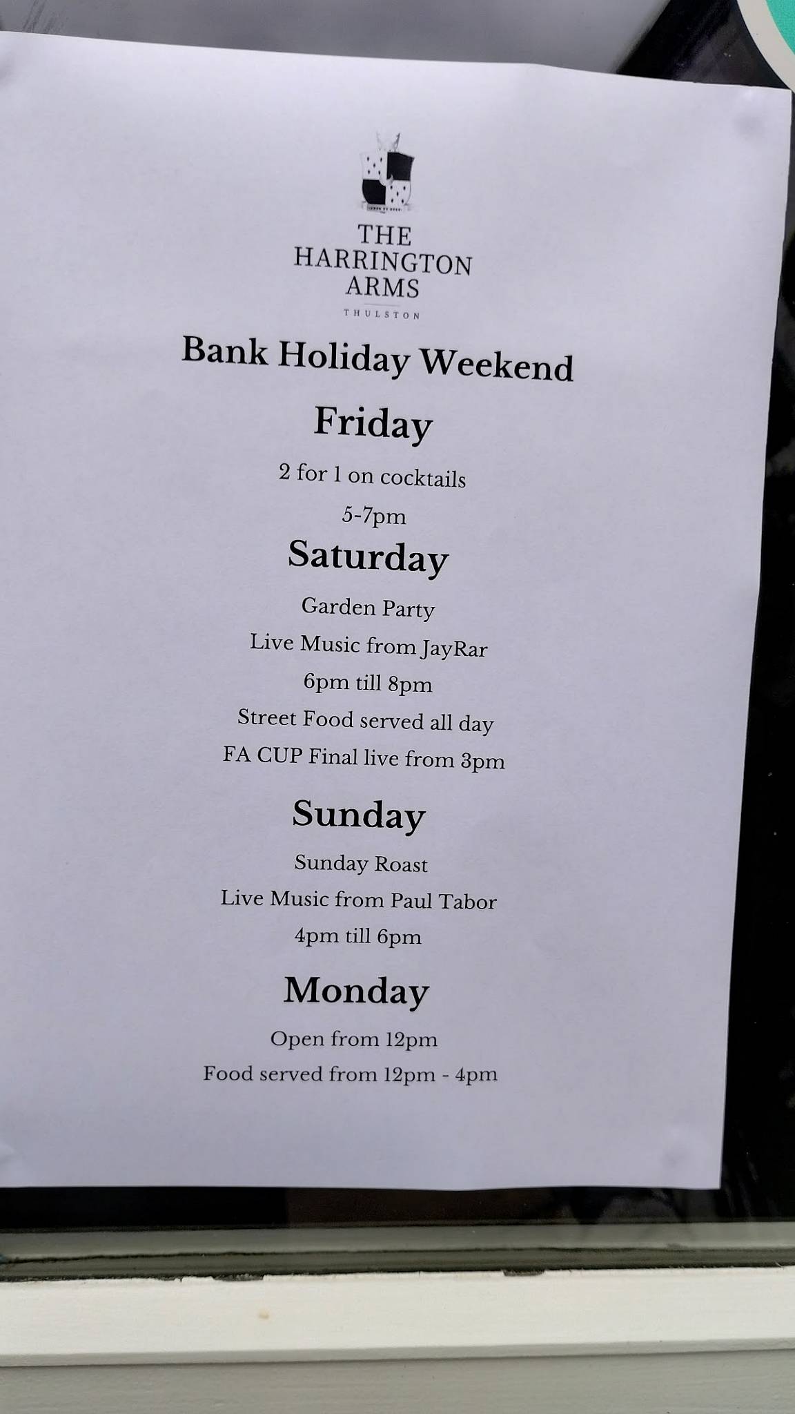 Menu at The Harrington Arms restaurant, Derby