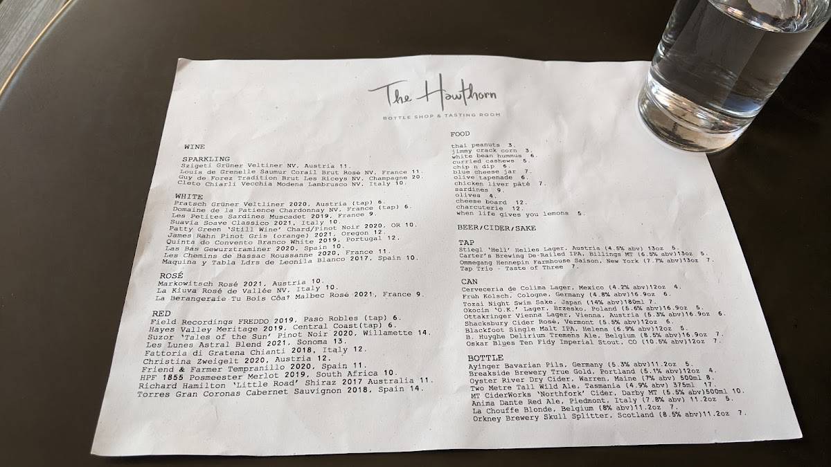 Menu at The Hawthorn Bottle Shop and Tasting Room pub & bar, Helena