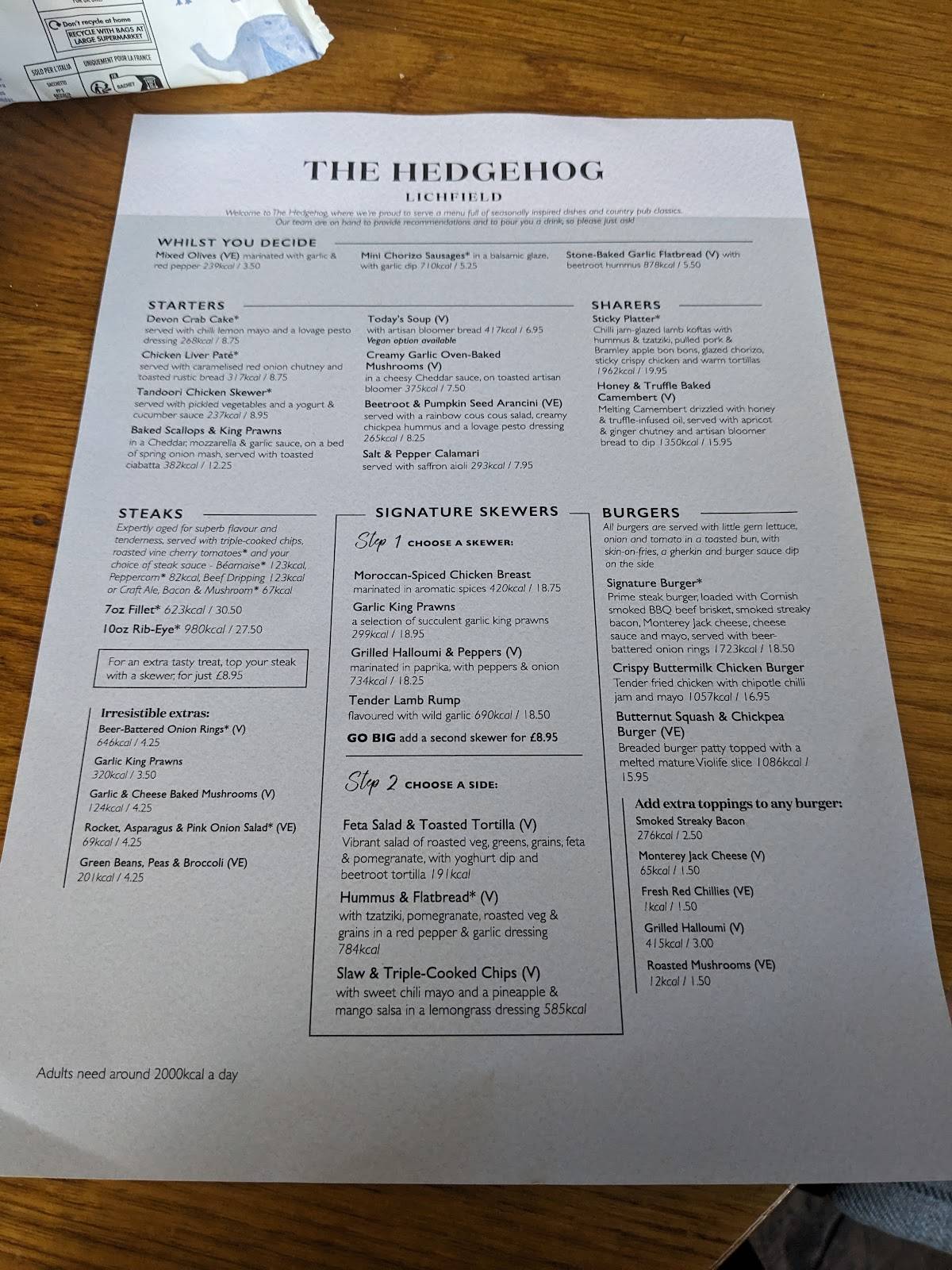 Menu at The Hedgehog pub & bar, Lichfield