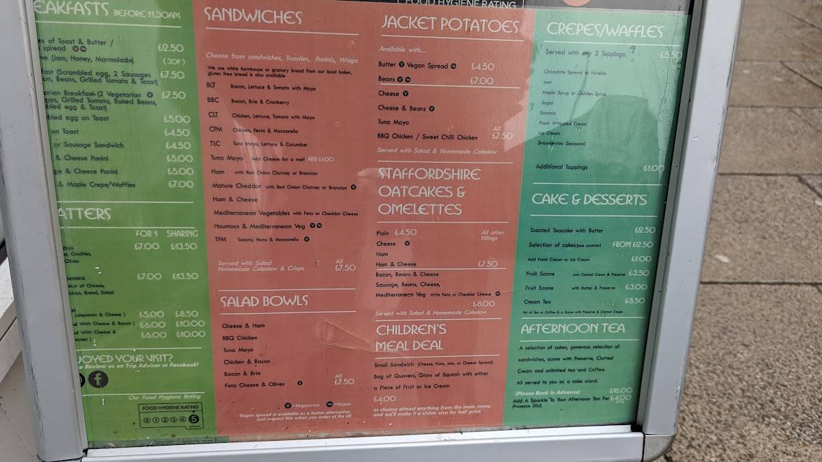Menu at The Hideaway cafe, Burton upon Trent