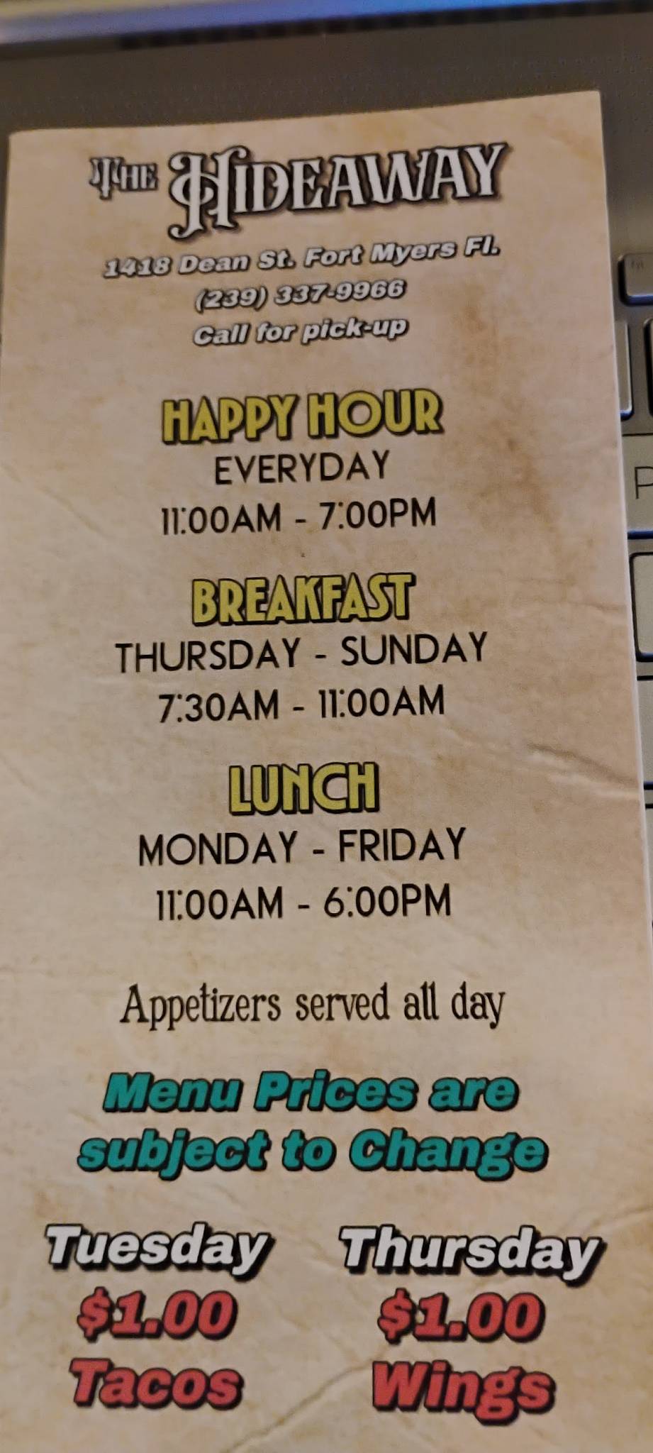 Menu at The Hideaway pub & bar, Fort Myers