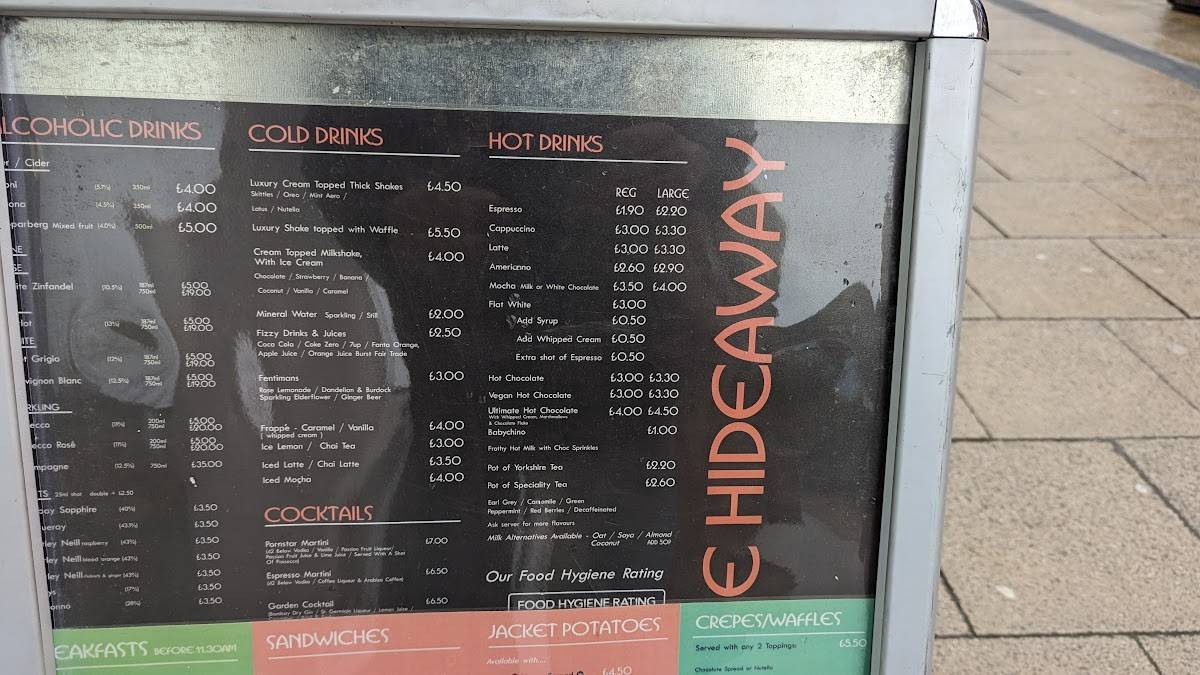 Menu at The Hideaway cafe, Burton upon Trent