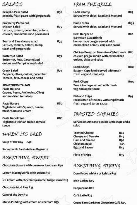 Menu at The Highlander restaurant, Grahamstown